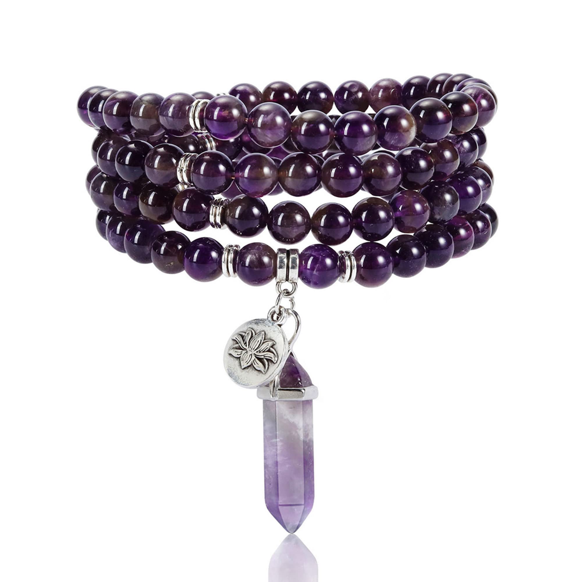 Top Plaza 108 Mala Prayer Beads Bracelet Natural Amethyst Gemstone Bracelet Multilayer Healing Crystal Stones Stretch Bracelets Yoga Meditation Reiki Quartz Jewelry Gifts for Mens Womens