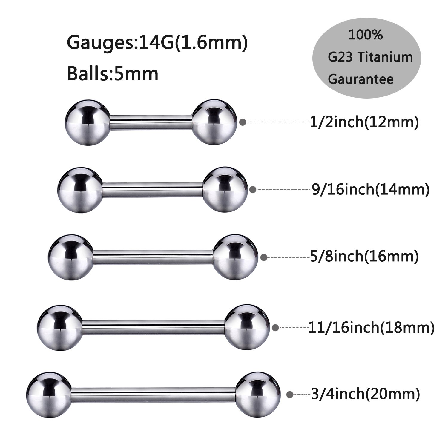 PEAKLINK G23 Titanium Nipple Barbell 14 Gauge Straight Bar Body Jewelry Barbell Eyebrow Internally Threaded Tongue Piercing 12mm