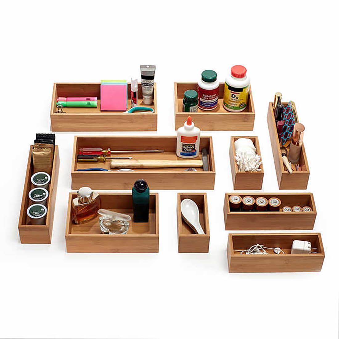 SANABI Classics 10-piece Bamboo Storage Box Organizer Set, Versatile Dividers Cutlery Holders Bins Containers, for Kitchen Silverware, Pantry, Closet, Office Desk, Pens, Utensils, Makeup, K Cup
