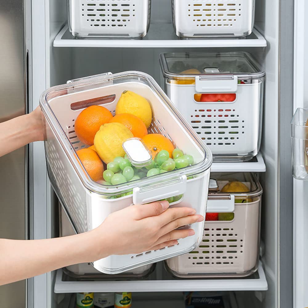 Qiveno Large Fruit Containers for Fridge - Leakproof Food Storage Containers with Removable Colander - Fridge Storage Container - Used in Storing Fruits Vegetables Meat Fresh Fish(Gray)