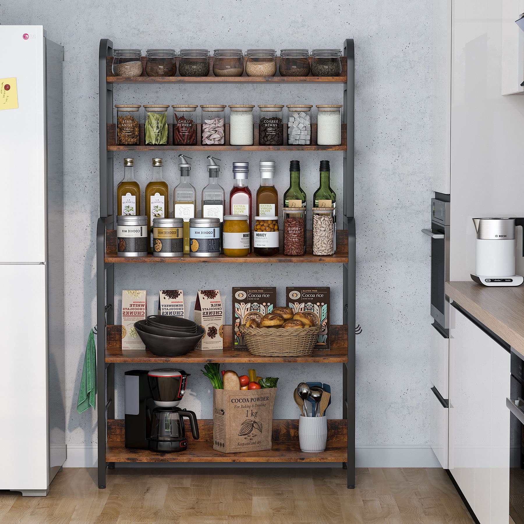 Tribesigns Industrial Kitchen Baker’s Rack with 6 Hooks, 5-Tier Utility Cart Storage Shelf, Microwave Oven Stand Rack, Floor Standing Spice Rack Organizer Workstation, Brown