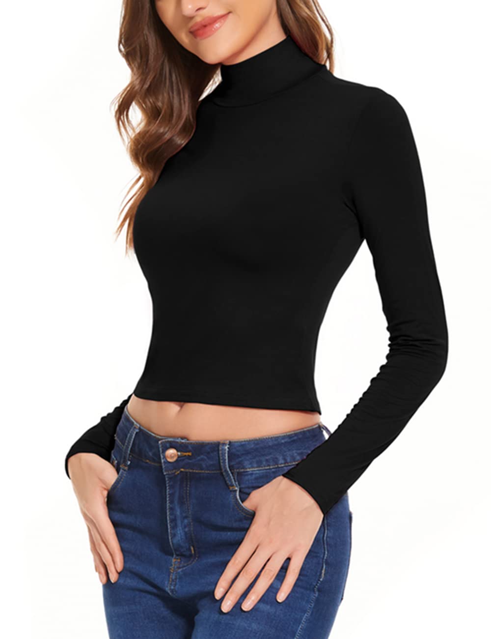Women's Basic Mock Turtle Neck Workout Crop Tops Casual Long Sleeve Slim Fitted Cropped Pullovers Black Medium