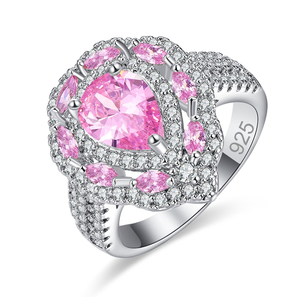 Veunora Gorgeous 925 Sterling Silver Filled 7x10mm Pink Topaz Cubic Zirconia Cluster Cocktail Ring for Women Size 9