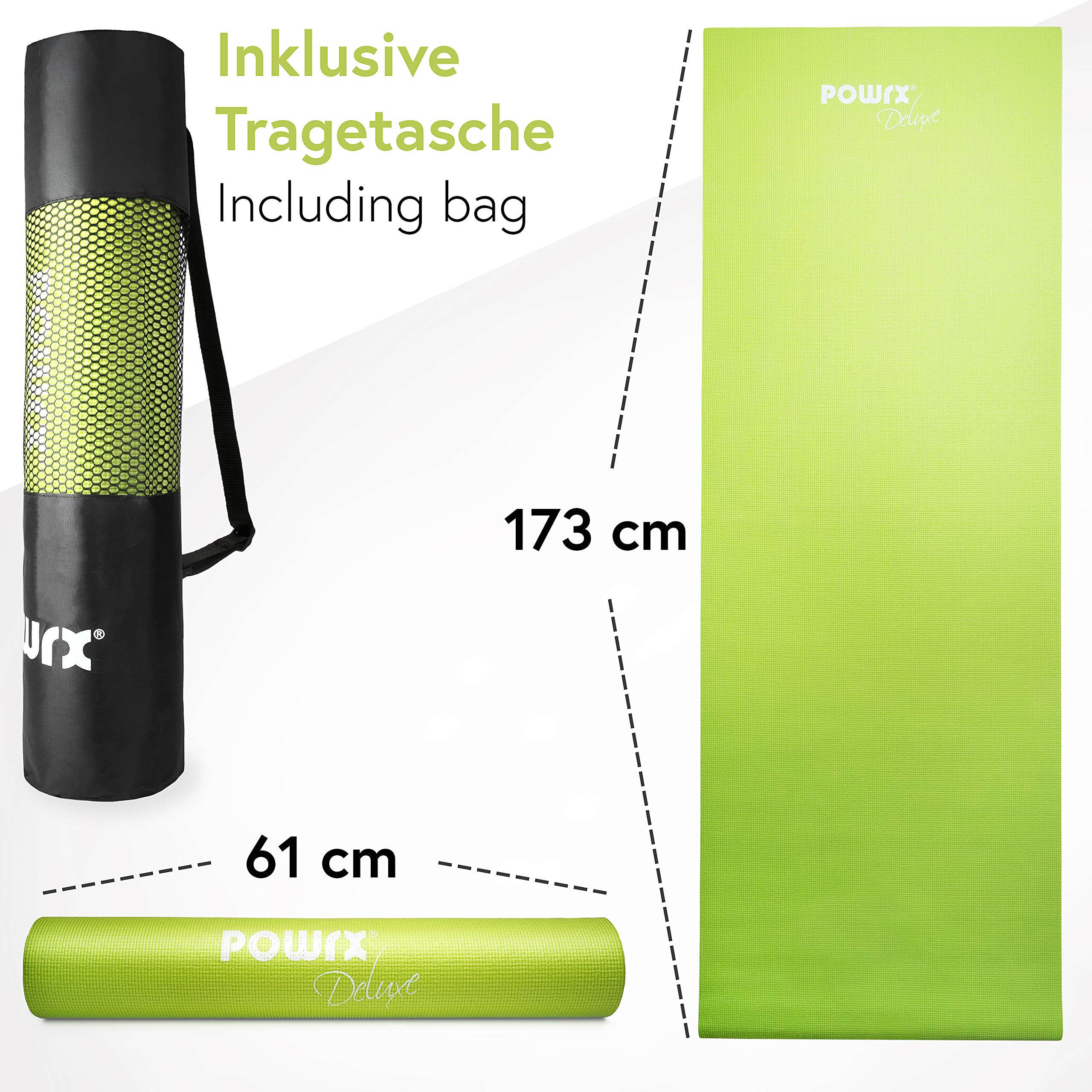 POWRX Yoga Mat with Bag | Exercise mat for workout | Non-slip large yoga mat for women, 68" x 24" Green, 0.15 Inches Thickness