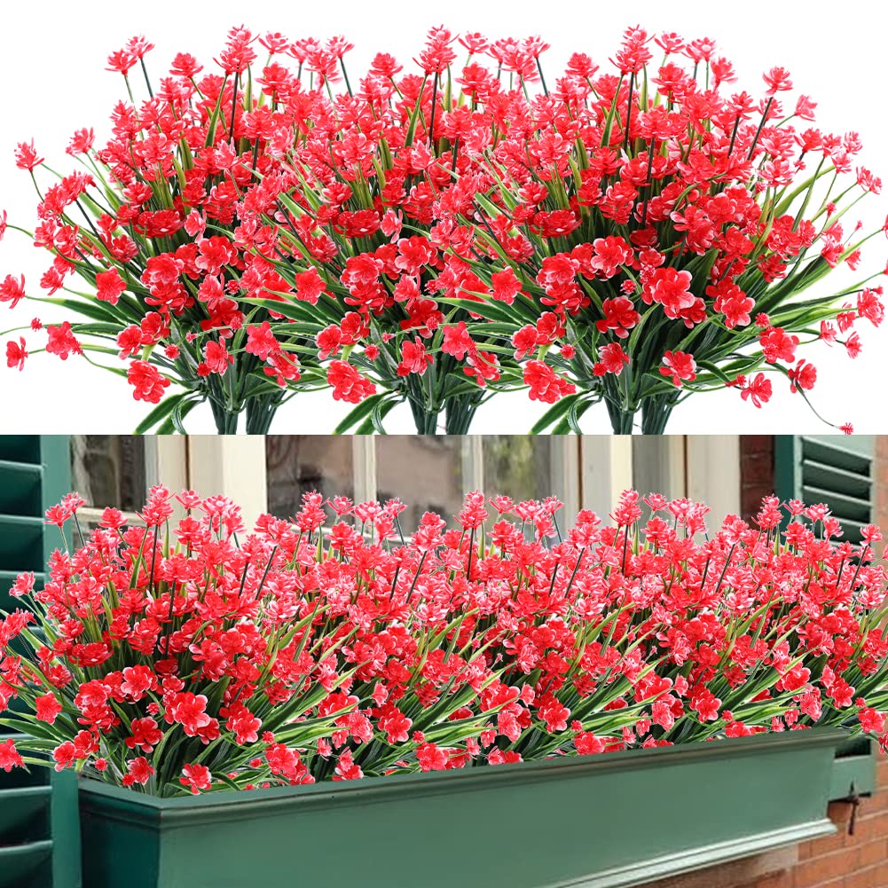 TEMCHY Artificial Outdoor Flowers, 8 Bundles Fake UV Resistant Foliage Greenery Faux Plants Shrubs Plastic Bushes for Indoor Outside Hanging Planter Wedding Farmhouse Decor (Red)