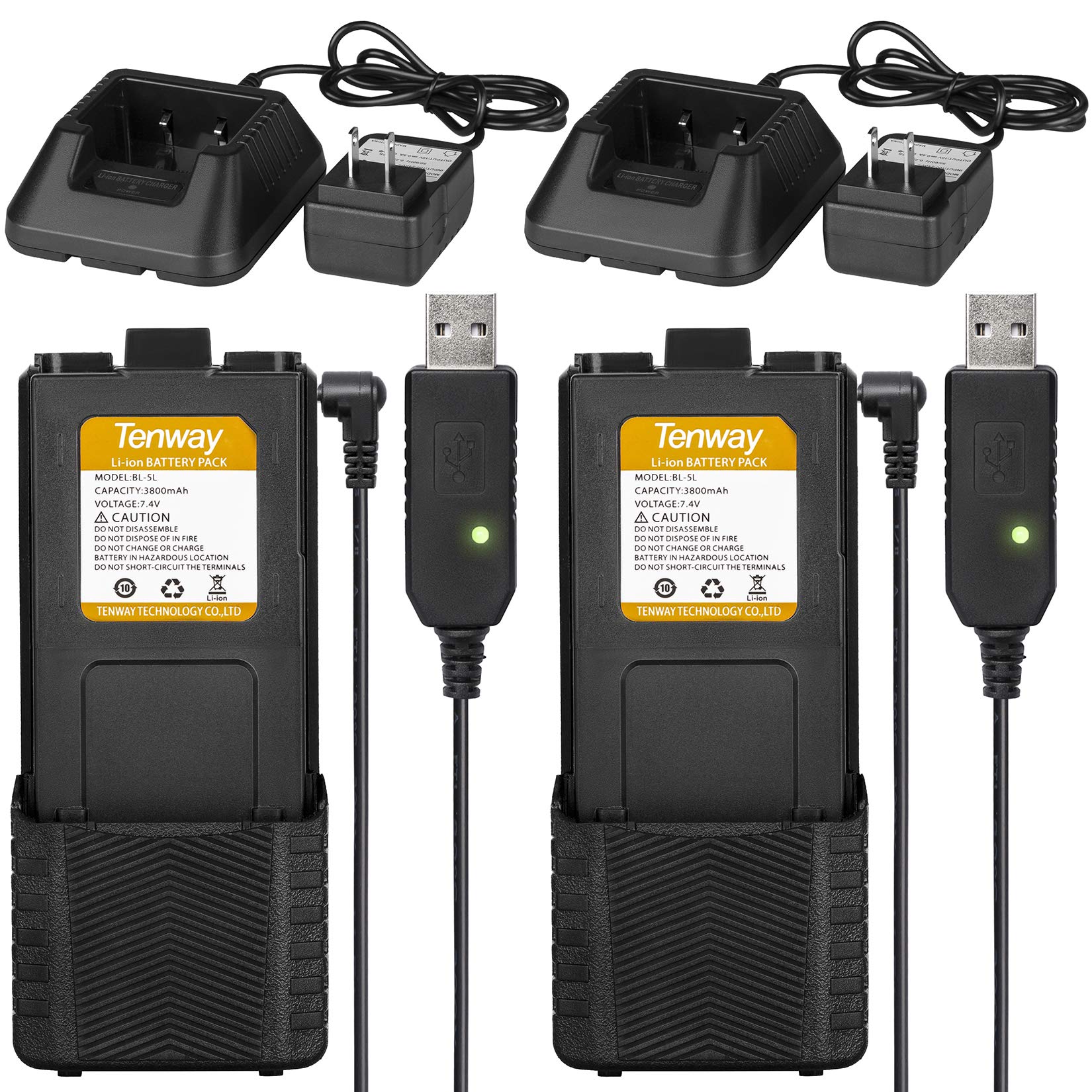 Tenway 2Pcs UV-5R BF-8HP Extended Battery BL-5L 3800 mAh with USB Charging Cable and Chargers Compatible with BAOFENG UV-5R Series