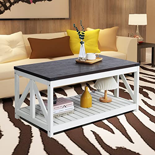Rainbow Sophia Coffee Table, Farmhouse Coffee Table with Slat Shelf and Corner Protection, 40 Inches, Vintage White/Espresso