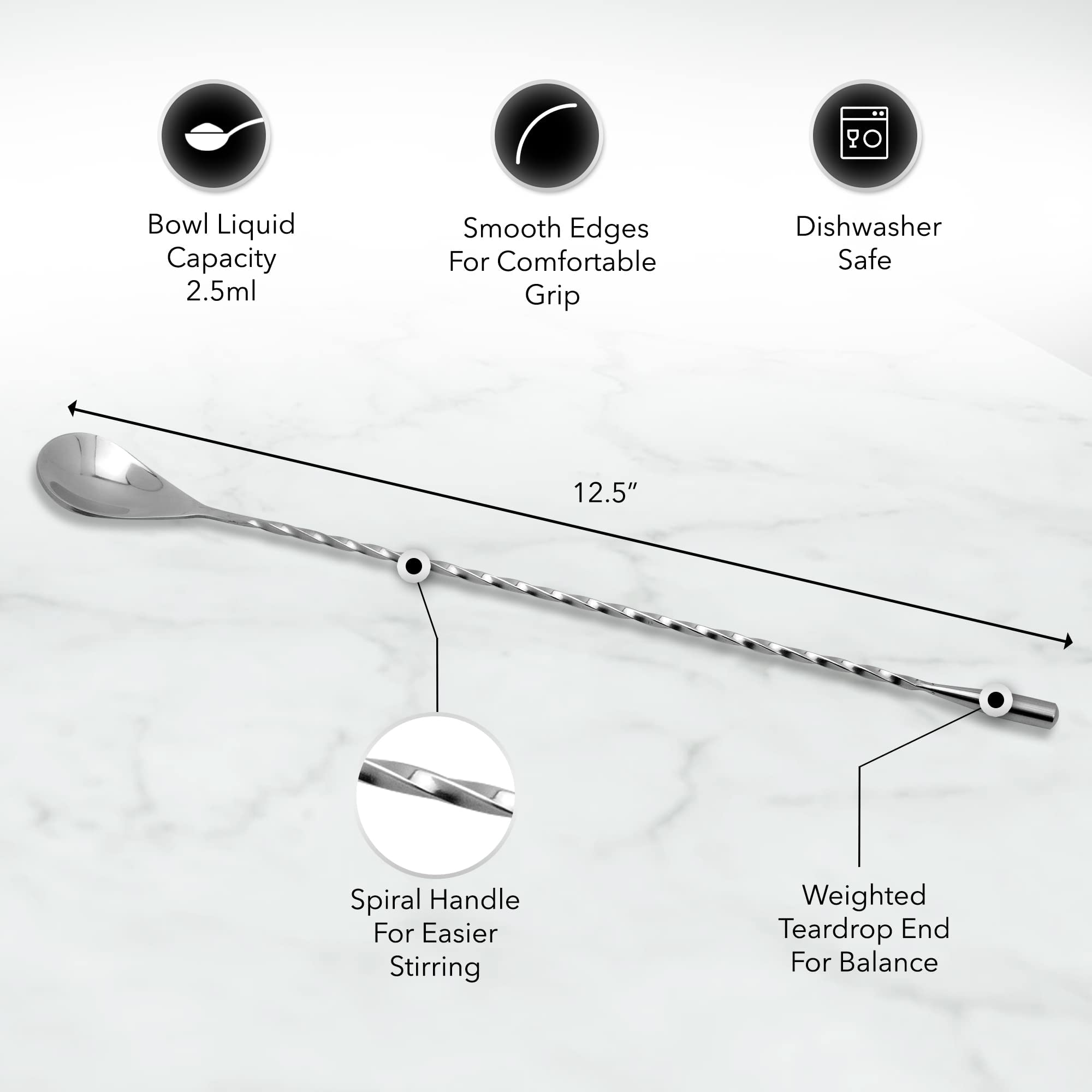 The Art of Craft Bar Spoon: 12.5β Stainless Steel Cocktail Mixing Spoon, Long Handle Spiral Design with Weighted Teardrop End (Set of 2)