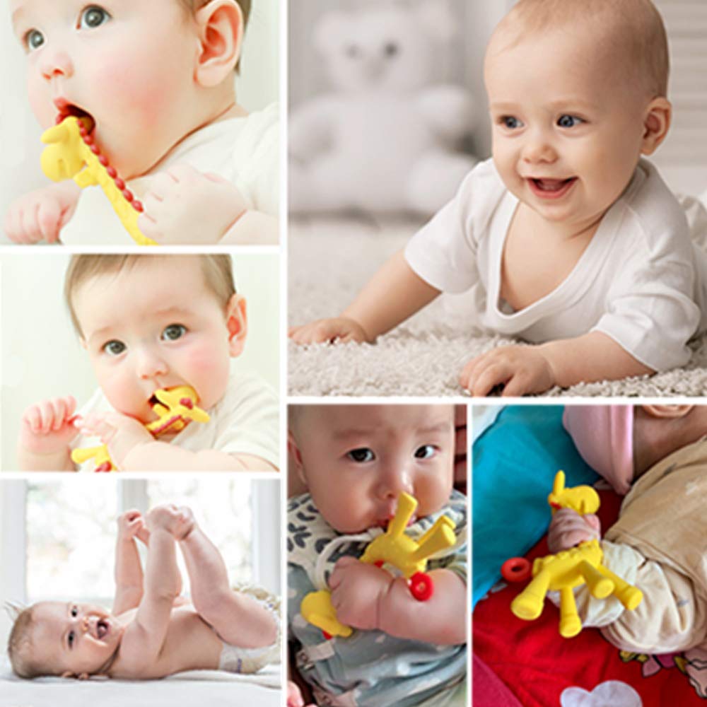 SILIVO Baby Teether with Finger Toothbrush - 3 in Pack - 1x Silicone Infant Training Giraffe Teether Toy + 2X Finger Toothbrushes with Storage Case