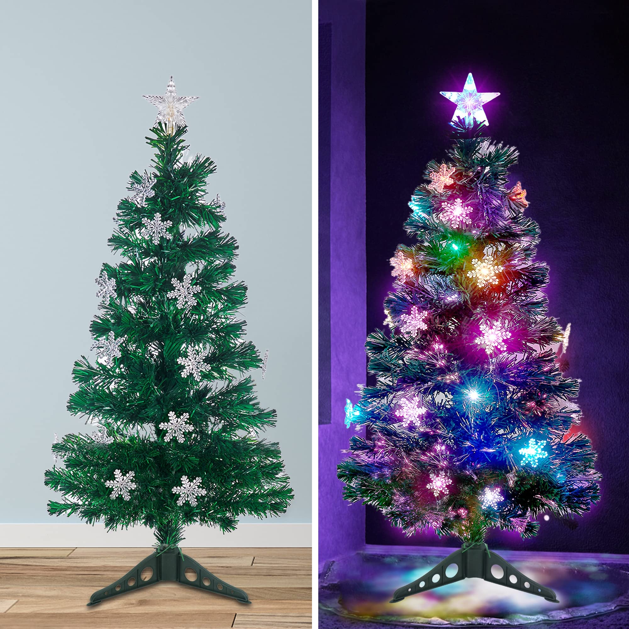 Prsildan 3 FT Artificial Christmas Tree, Pre-Lit Optical Fiber Xmas Trees with Multicolor LED Lights, Snowflakes & Top Star, Lighted Christmas Tree Holiday Home Decor
