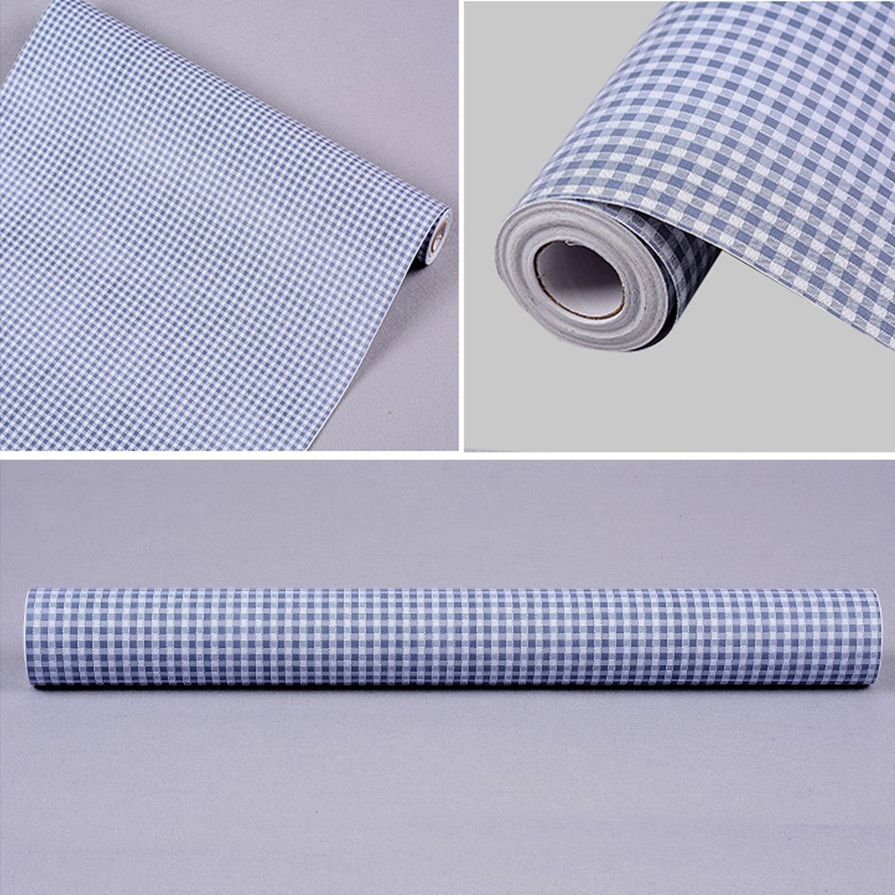 Yifely Blue & White Checker Shelf Liner Pre-Pasted Mediterranean Style Furniture Protective Paper End Table Sticker 17.7 Inch by 13 Feet