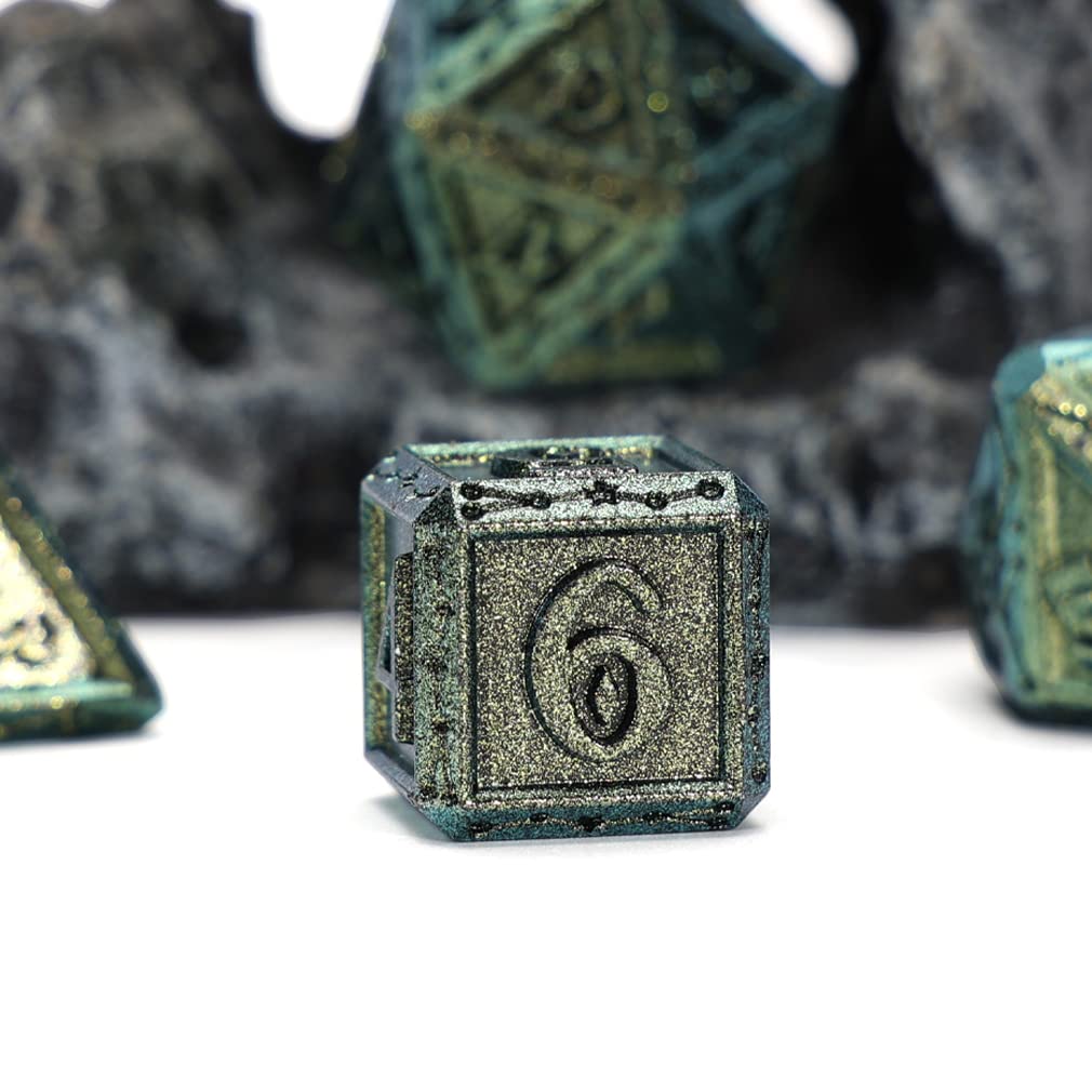 YEMFIRE Original Stellar Bones Dice,7 PCS Solid Metal Dice for Role-Playing Game D&D,RPG Dice Set for Board Game MTG Polyhedral D20 Dice (Green)