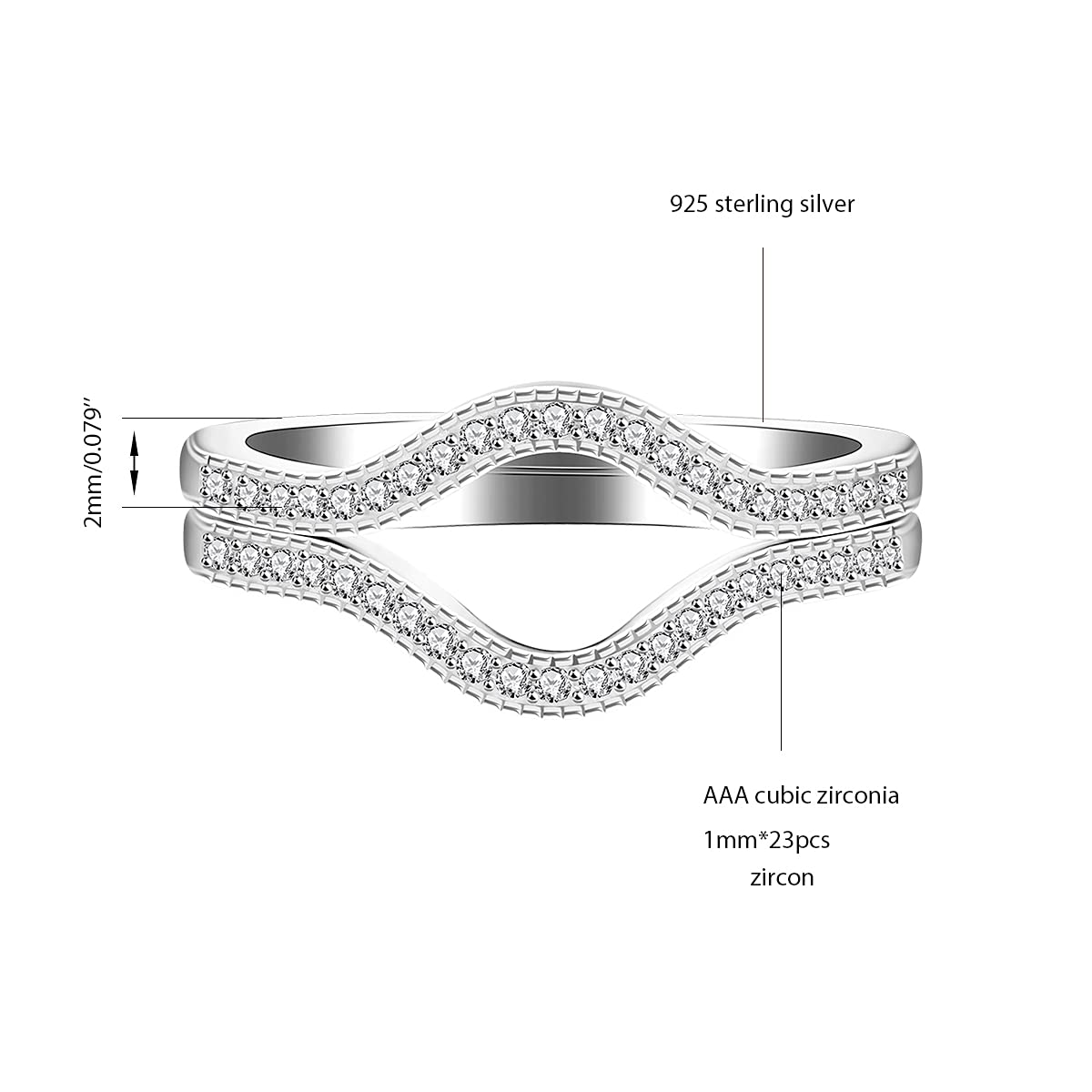 Uloveido 2 Silver Color Stackable Rings Set for Women with Cubic Zirconia, Rhodium Plated Sterling Silver Wedding Engagement Halo Eternity Ring Enhancer Size 7 Y1527