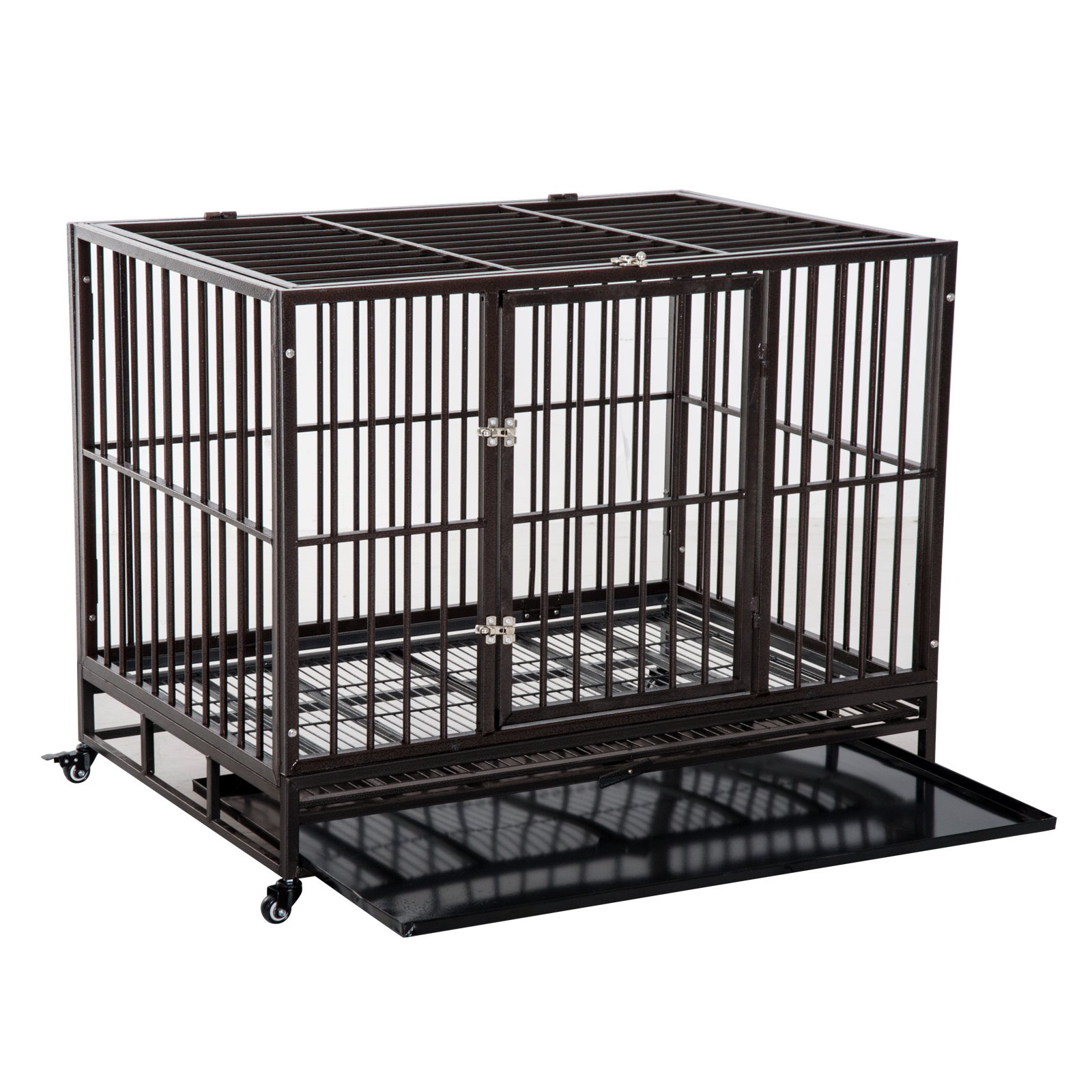 PawHut 42" Heavy Duty Dog Crate Metal Cage Kennel with Lockable Wheels, Double Door and Removable Tray, Brown