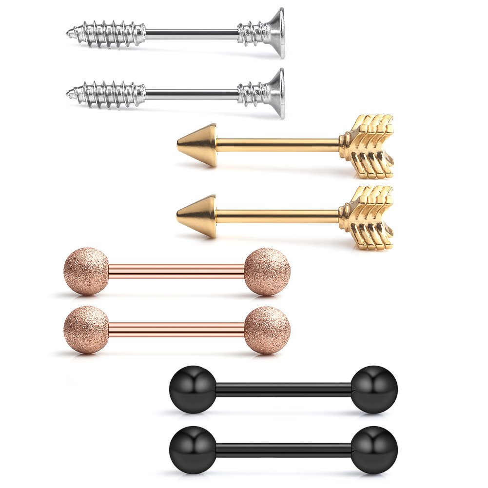 Ruifan 14G 9/16Inch Shiny Ball & Matte Ball & Arrow & Screw Nipple Tongue Shield Ring Barbell Body Piercing Jewelry Retainer 4prs(8pcs) - Mix Color