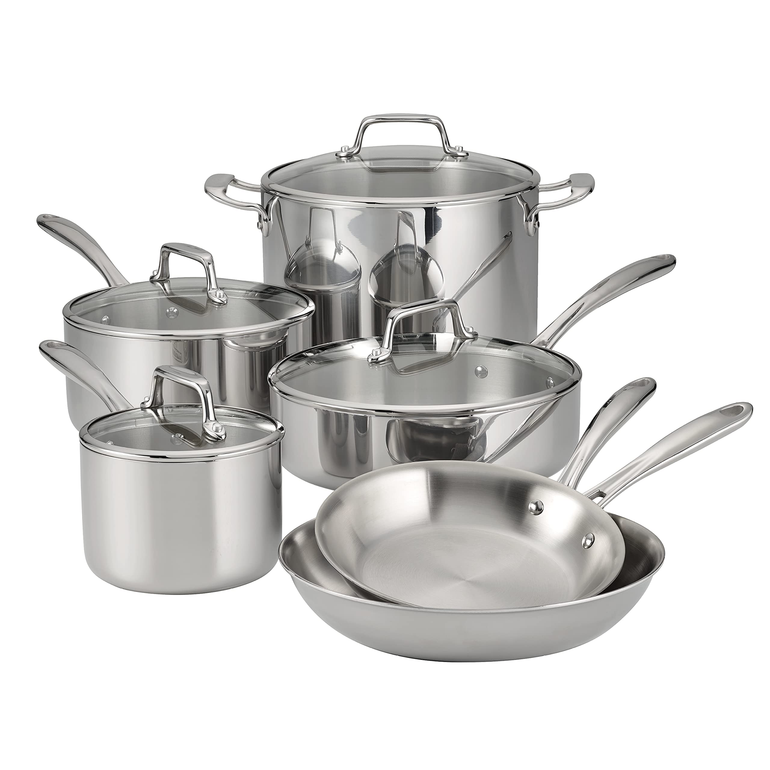 Tramontina Stainless Steel Tri-Ply Clad 10-Piece Cookware Set, Glass Lids, 80116/1011DS