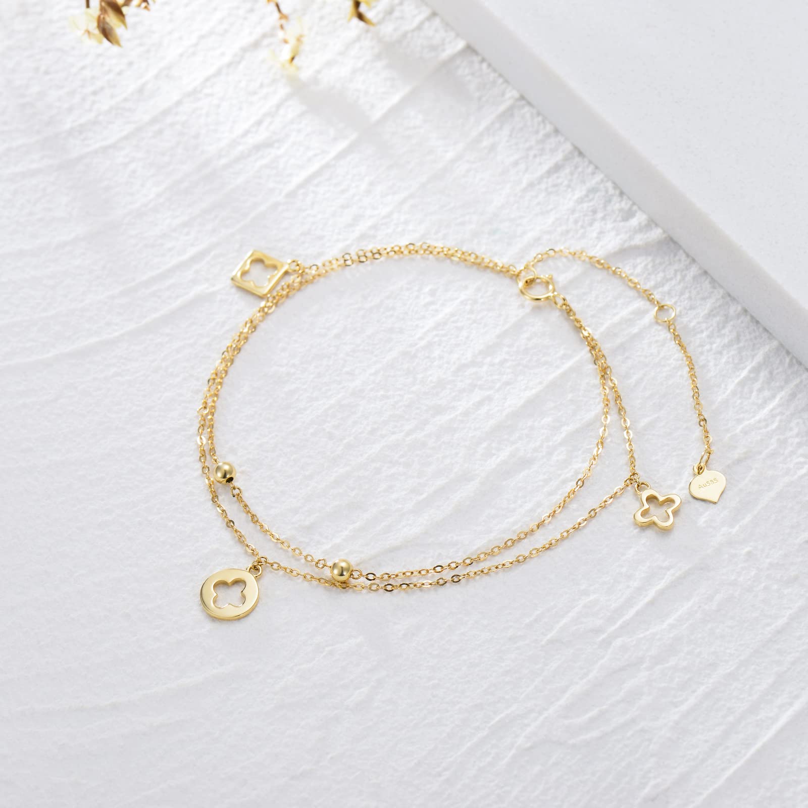 YDD 14K Solid Gold Four Leaf Clover Bracelet for Women Layered Bracelets for Women Gold Beaded Bracelet 6.5+1+1 inch