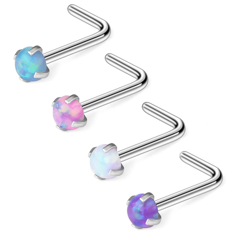 Ruifan 18G 316L Surgical Steel 3mm Mix Color Opal Nose L-Shaped Rings Studs Ring Body Piercing Jewelry 4PCS