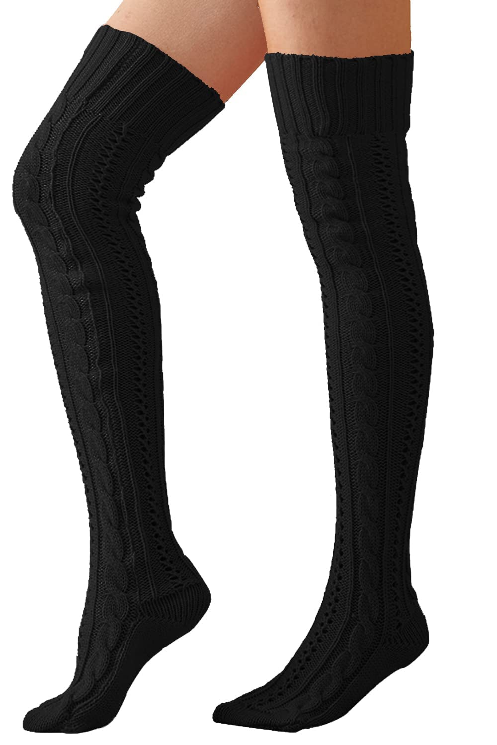 YELAIVP Slouch Cable Knit Thigh High Socks for Women Over The Knee Extra Long Boots Stocking Leg Warmers White