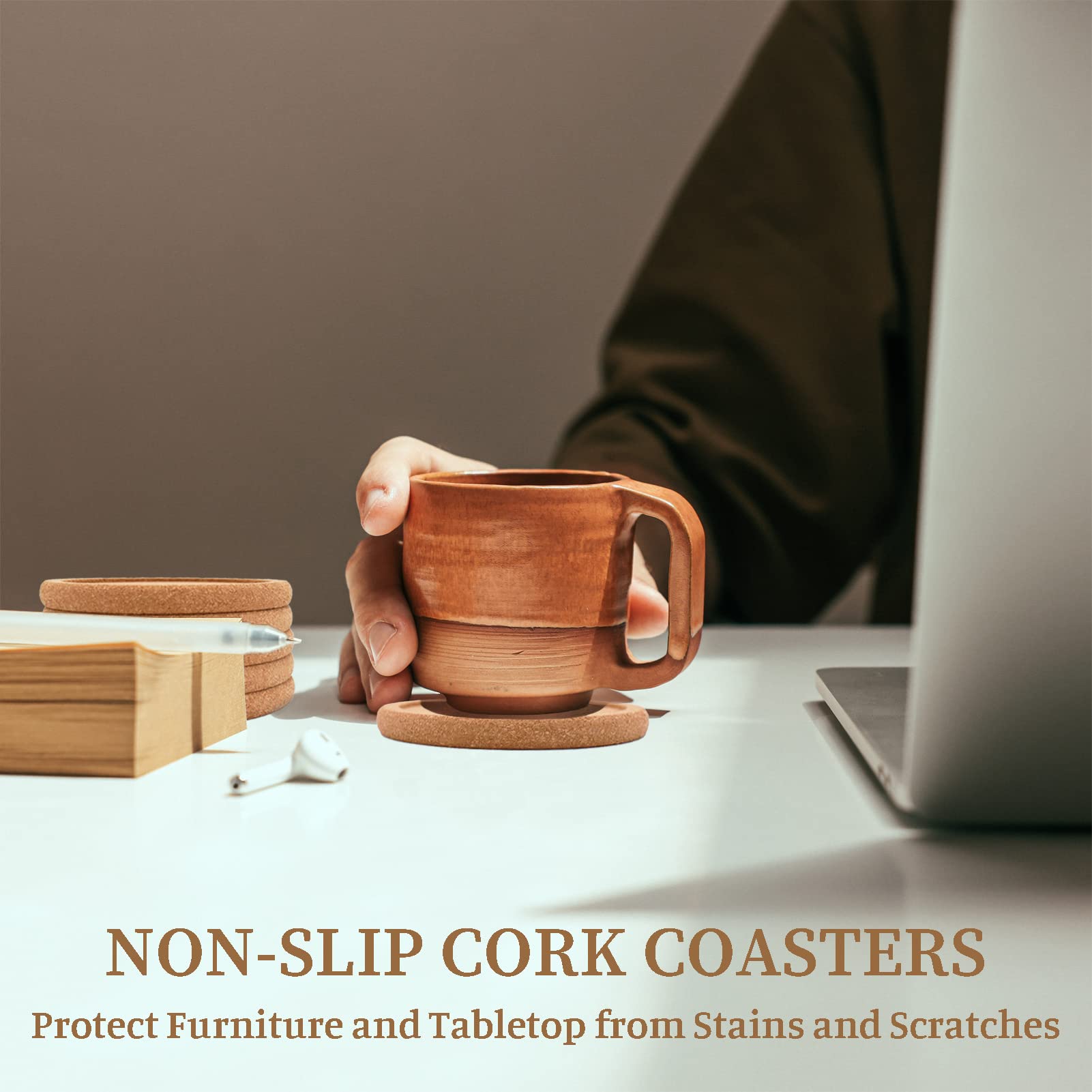 ToolMenu Cork Coasters for Drinks Absorbent - 6 Pcs 4 Inch with Lip Heat Resistant Reusable Drink Coaster Set Extra Thick Perfect Cups Mugs Glasses