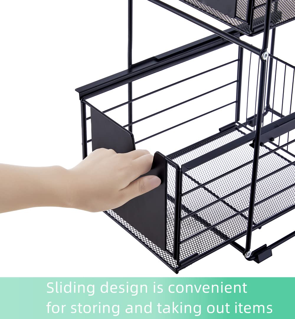 TidyEasy Under Sink Organizer 2-Tier,L-Shaped Cabinet Storage shelf with Sliding Drawer,Pull Out Home Organizers for Kitchen Bathroom (Large, Black)