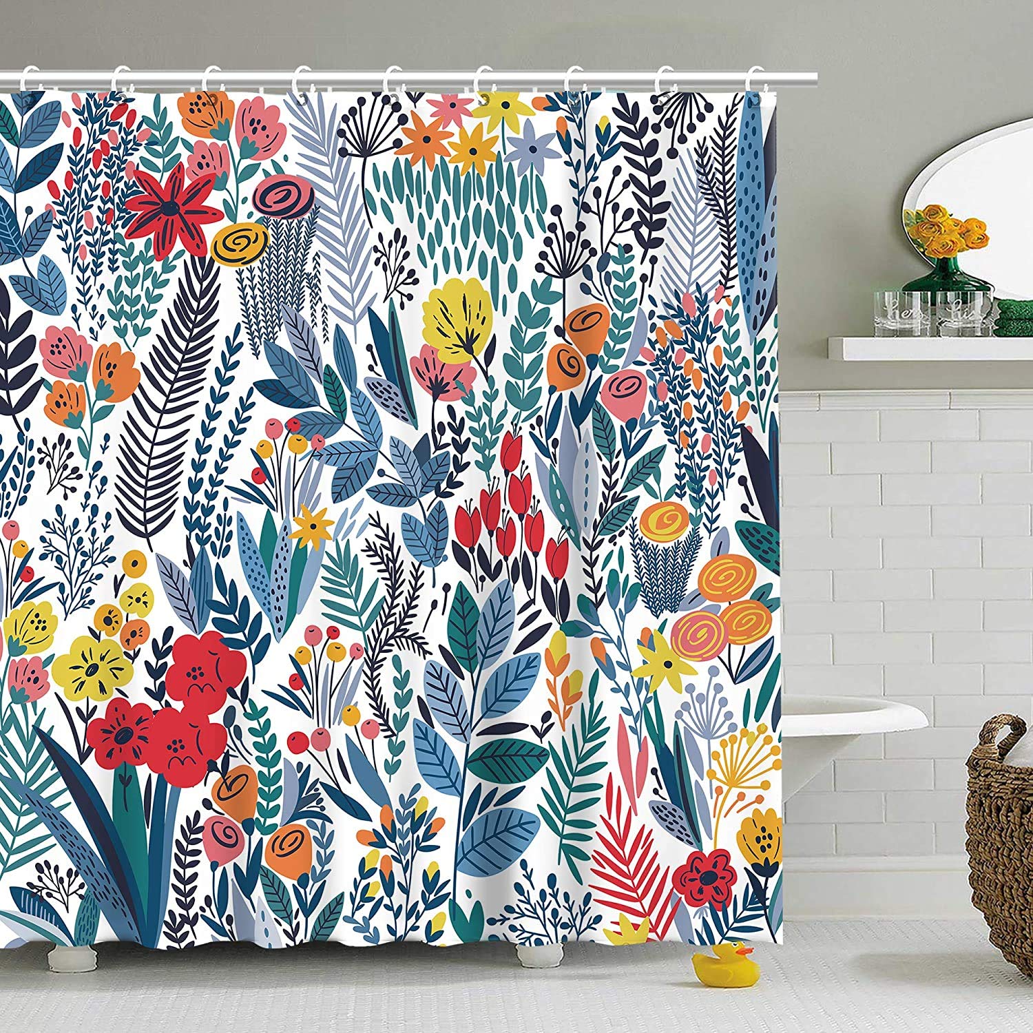RosieLily Colorful Shower Curtain Floral Shower Curtain for Bathroom Flower Shower Curtains Pretty Shower Curtain with Hooks Blue Shower Curtain Bright Bohemian Boho Floral Bathroom Decor, 72"W x 72"H