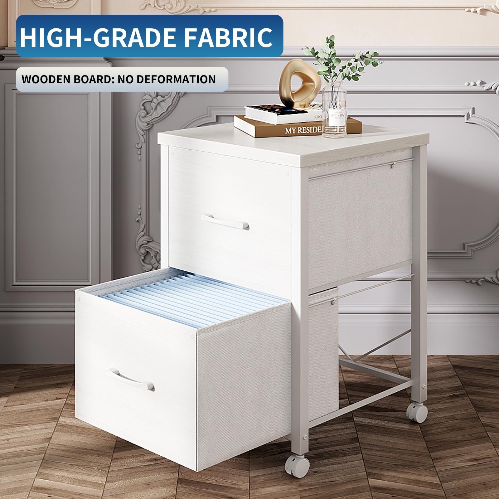 ROSONG 2 Drawer File Cabinet on Wheels for Home Office, Two Drawer Small Filing Cabinets Under Desk Printer Stand, A4 Letter Size Mobile Vertical White