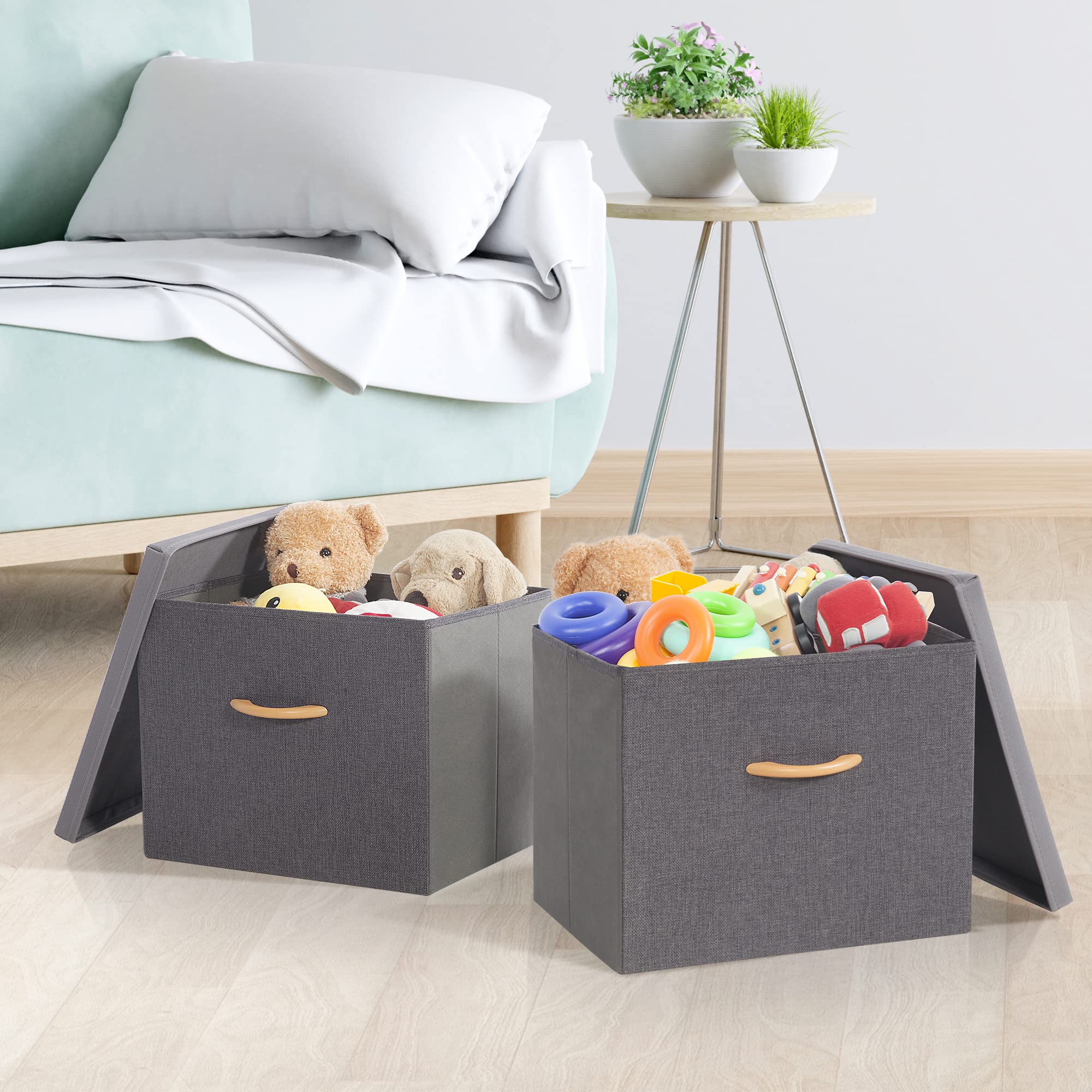 STORAGE MANIAC Shelf Baskets with Handle & Lid, Storage Bins, Foldable Storage Baskets, Fabric Clothes Storage Boxes for Organizing Closet Shelf Nursery Toy 15.75" W x 11.8" D x 12.2" H, Grey 2-Pack