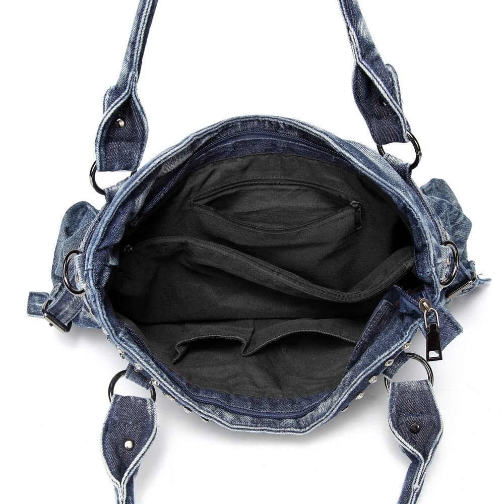Women's Denim Casual Hobo Bag - Distressed Jeans Large-capacity Shoulder Bags for Daily Use Office Travel (Blue)
