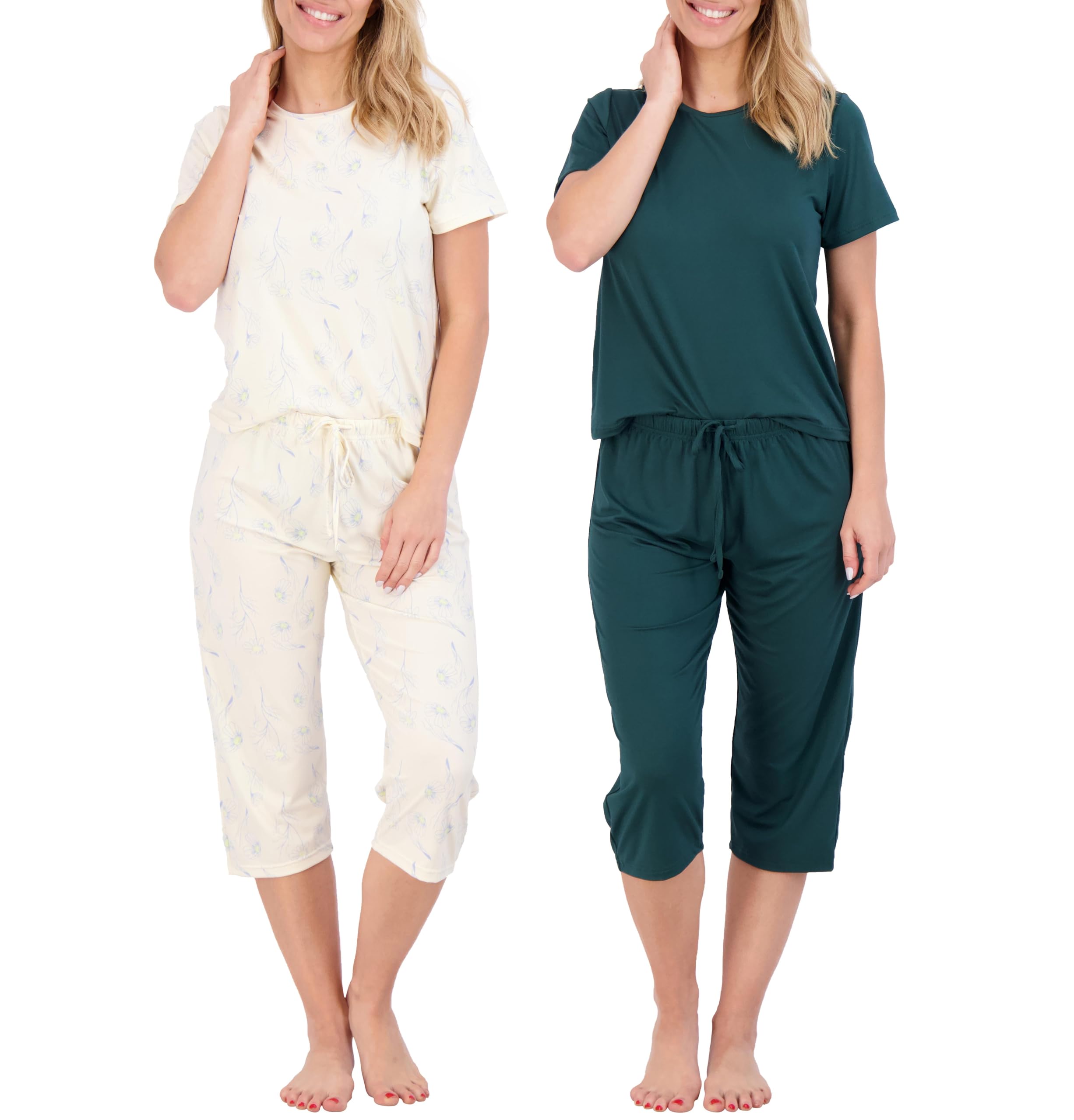 Real Essentials 2 Pack: Womens Short Sleeve Shirt Capri Sweat pants Pajama Sets Pajamas Soft PJ Women Two Piece Matching Pants Top Loungewear Sleep Wear Sexy Summer Bottoms Pijamas Ladies - Set 3, XL