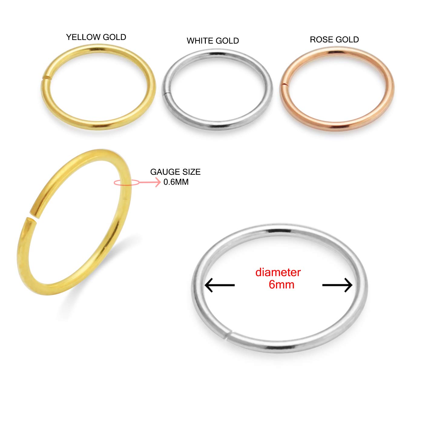 PiercingPoint 14 Karat Solid Rose Gold 22 Gauge (0.6MM) - 1/4 Inch (6MM) Length Seamless Continuous Nose Hoop Ring