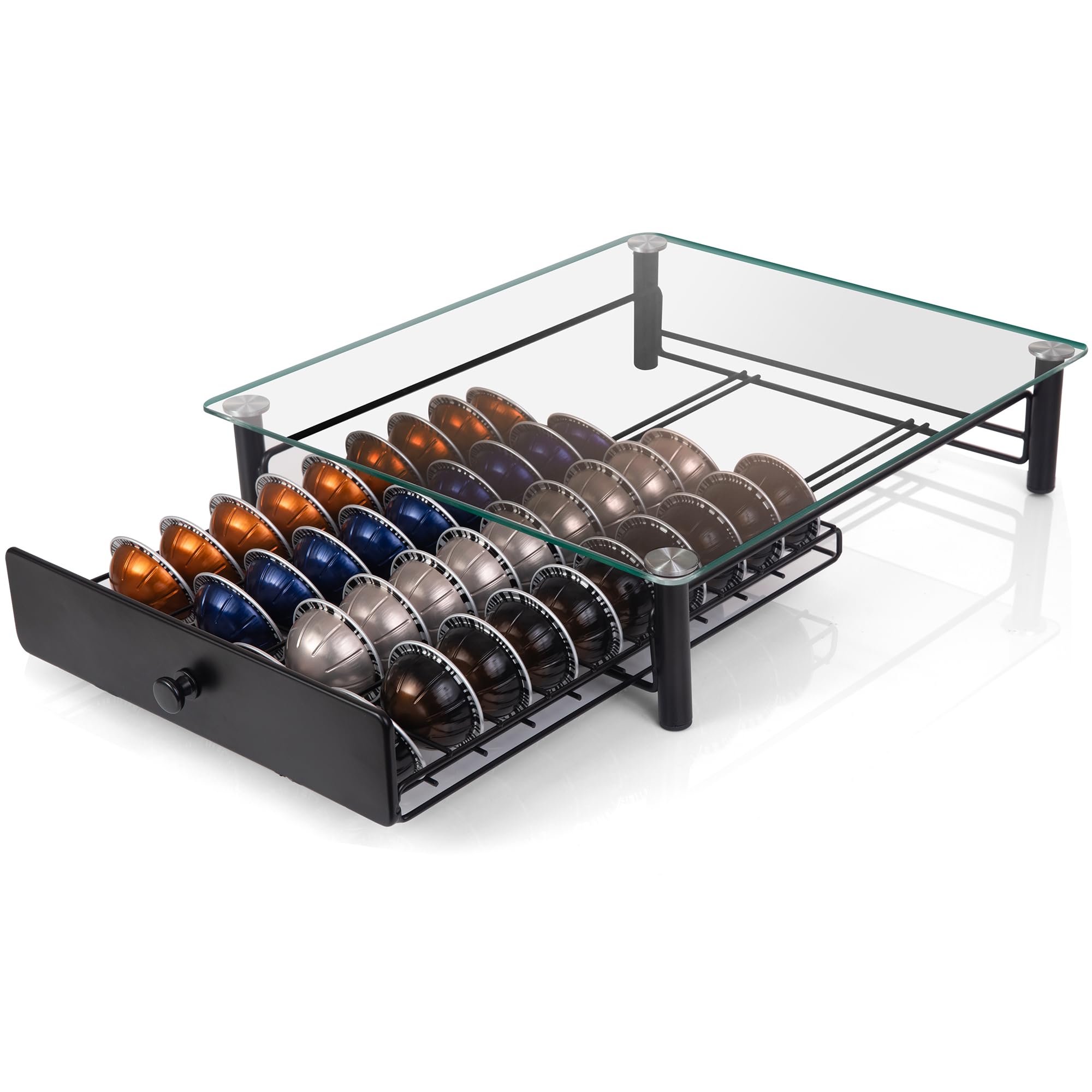 Tempered Glass Coffee Pod Drawer,Nespresso Vertuo Pod Holder Drawer for 40(1.35/2.7 floz) Vertuoline Pod, Nespresso Capsule Organizer Compatible with Vertuo Next Vertuo Plus,14.76"D x 12.99"W x 3.5"H