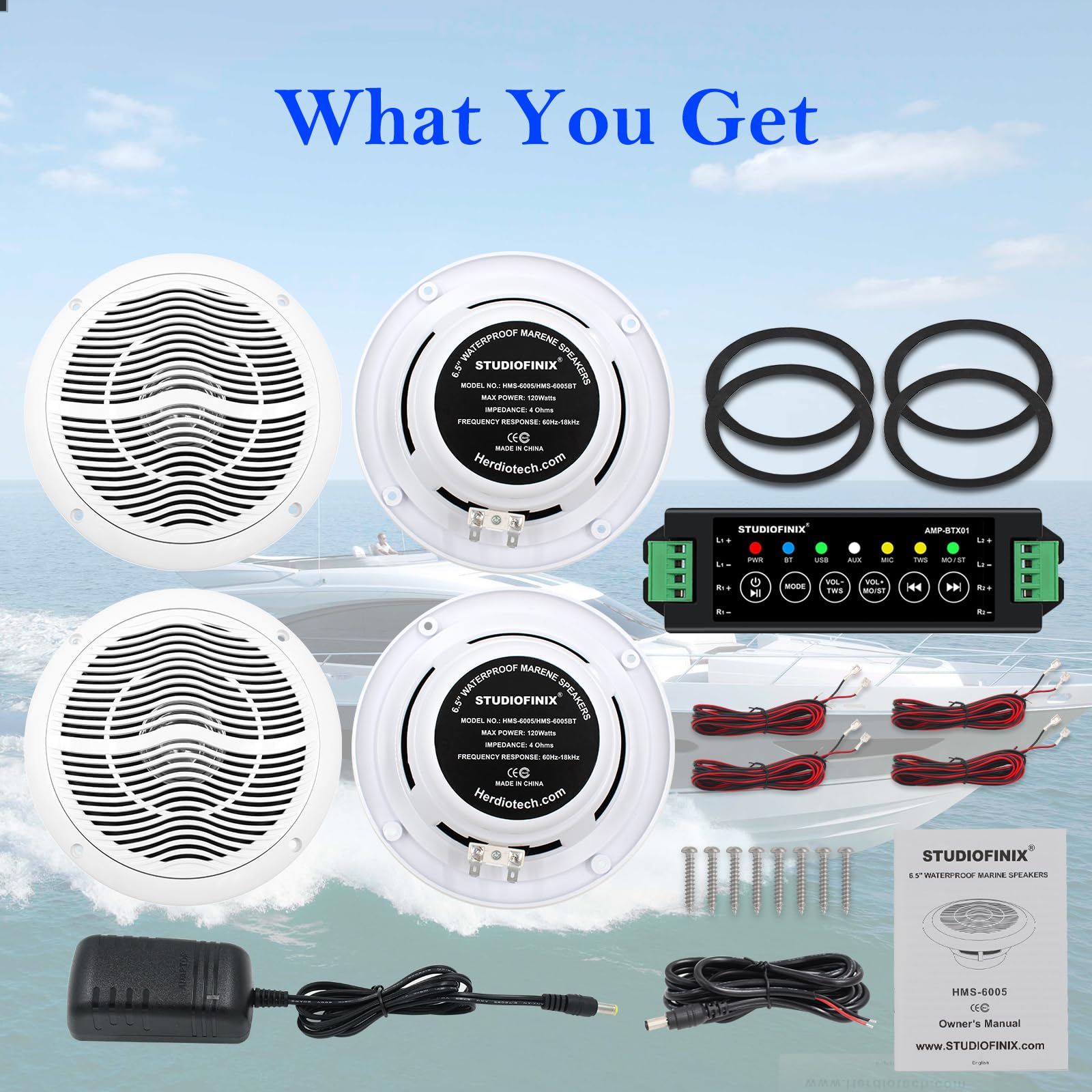 STUDIOFINIX Marine Speakers 6.5 Inches 2-Way 240W Bluetooth Waterproof Flush Mount Resistant Outdoor Audio Stereo Sound System Perfect for Boat ATV UTV Golf Cart RV Bathroom(2 Pairs,White)