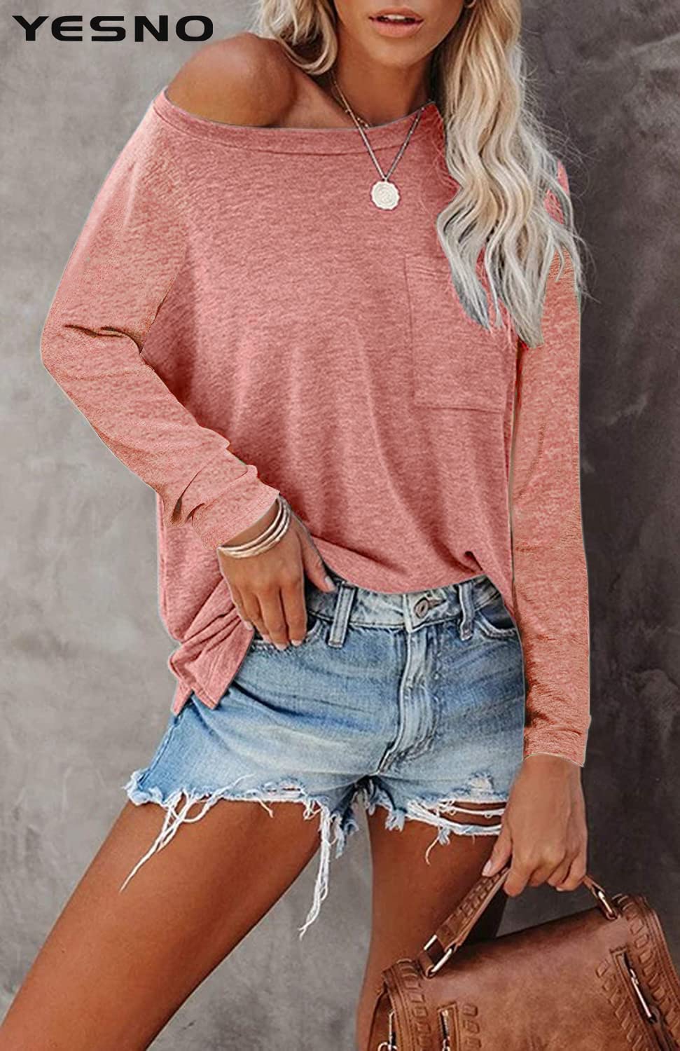 YESNO Women Casual Loose Long Sleeve Shirts Crewneck Solid Tops Pullover Sweatshirts with Pocket TY2 (M TY2 Pink)