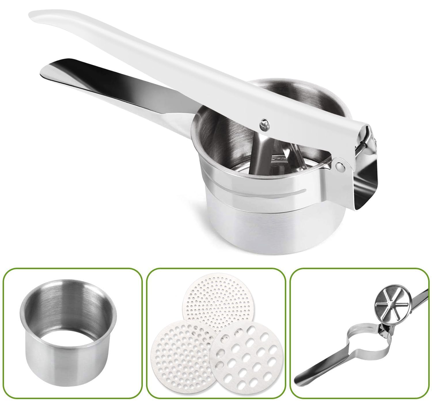 Potato Ricer Stainless Steel Potato Masher, Food Ricer, Fruit and Vegetables Press with 3 Removable and Interchangeable Discs, Manual Masher Ricer Kitchen Tool