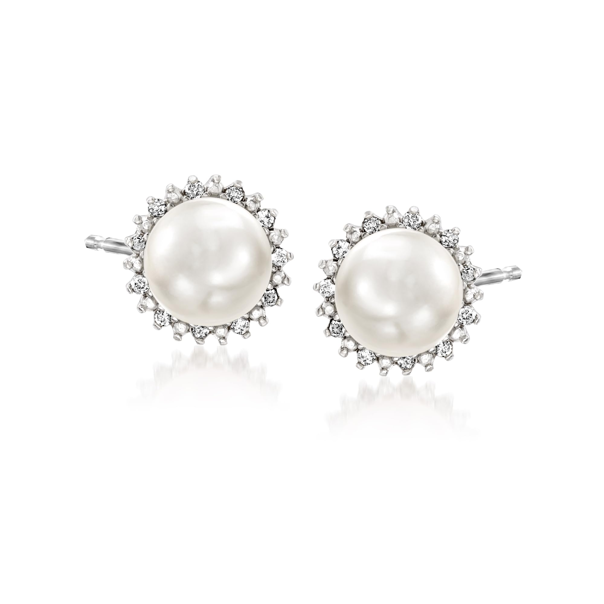 Ross-Simons 7-7.5mm Cultured Button Pearl and .13 ct. t.w. Diamond Stud Earrings in Sterling Silver