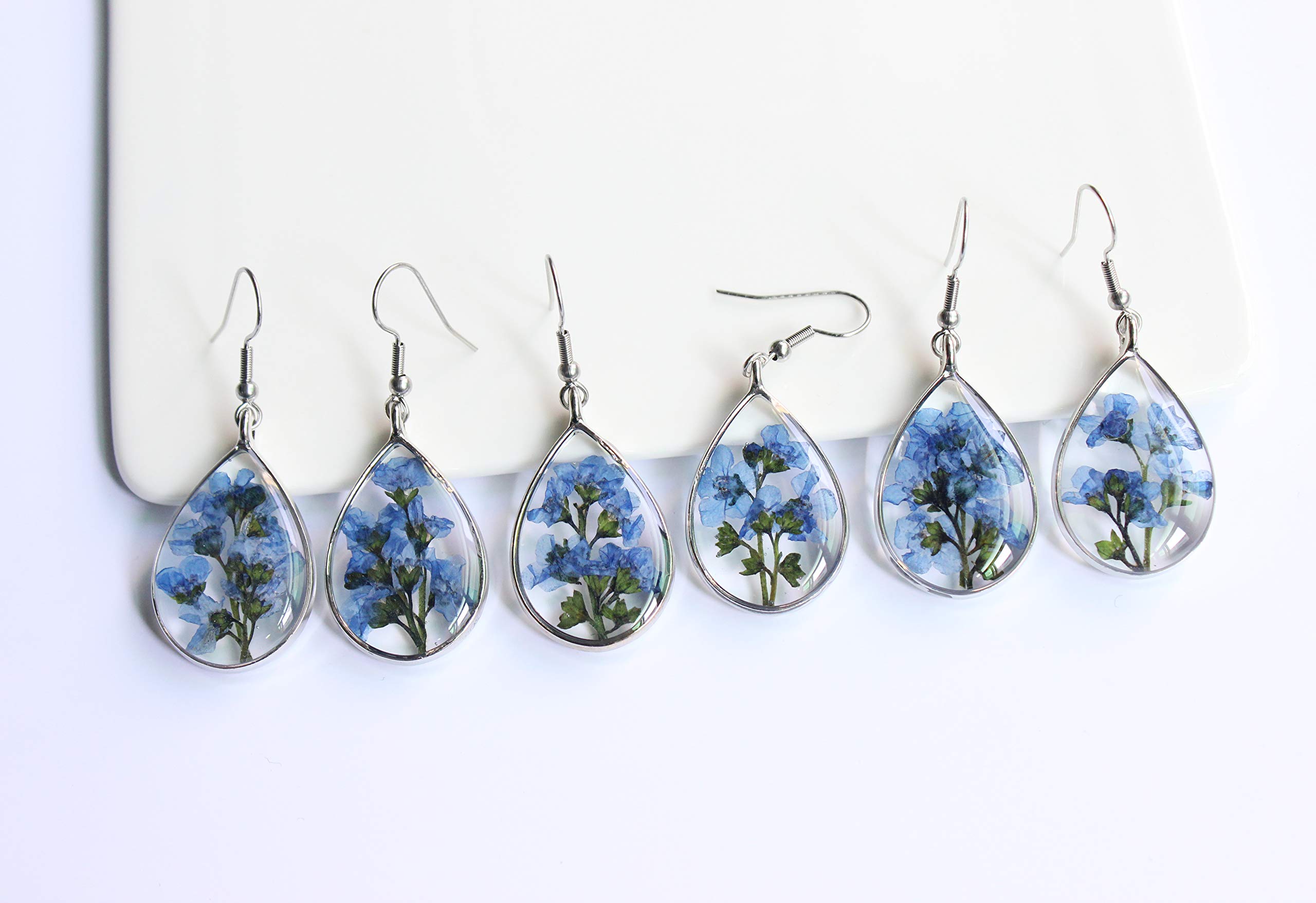 SI EASY Forget me not Flower Earrings, Personalised Real Pressed Dried Flowers Teardrop Earrings, Handmade Jewelry