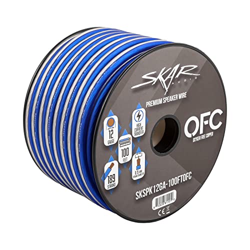 Skar Audio 12 Gauge (AWG) Elite Oxygen-Free Copper Audio Speaker Wire - 100 Feet (Blue/White)