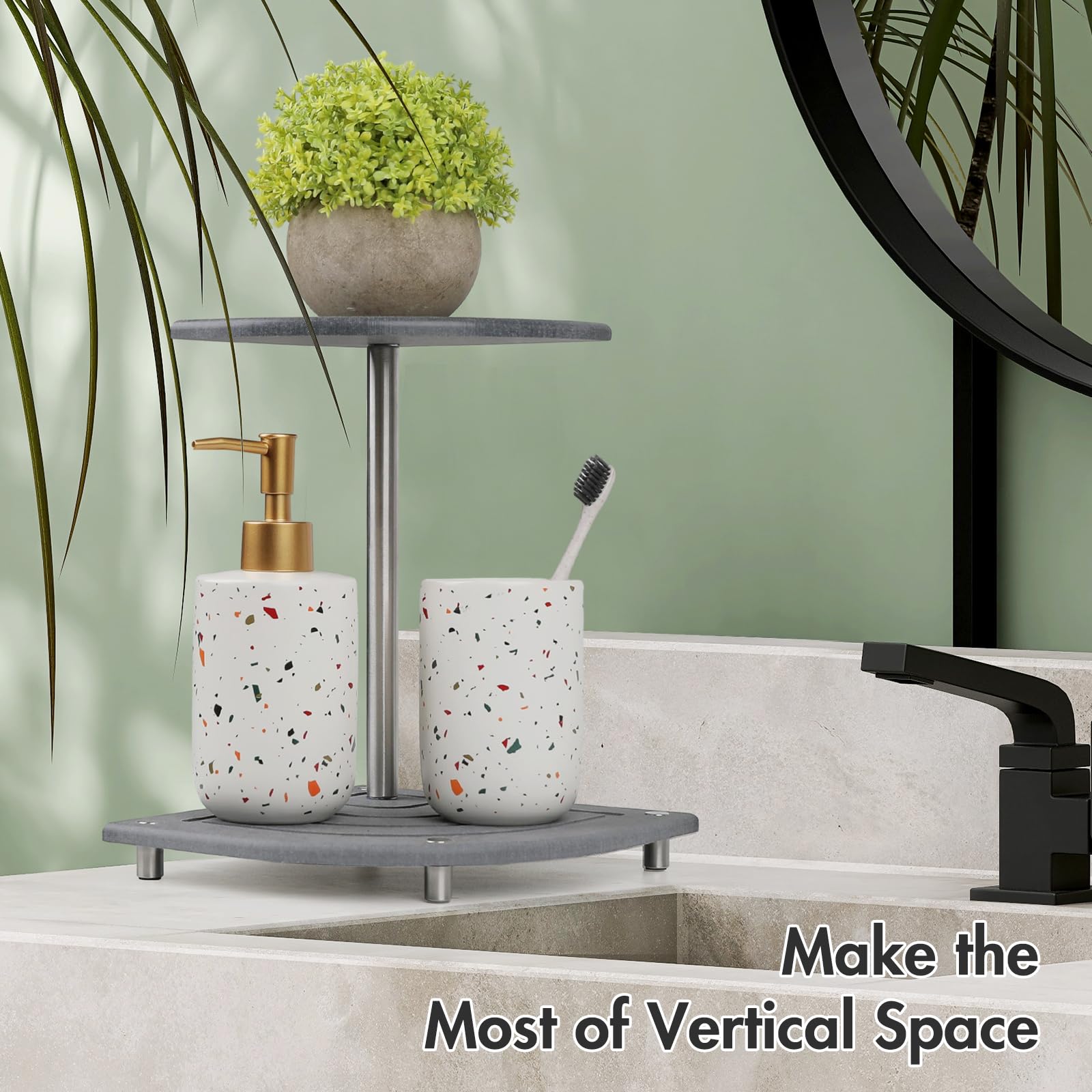 SUEH DESIGN Corner Riser, 2 Tier Pedestal Stand, Instant Dry Decorative Display Riser, Gray, Diatomaceous Earth
