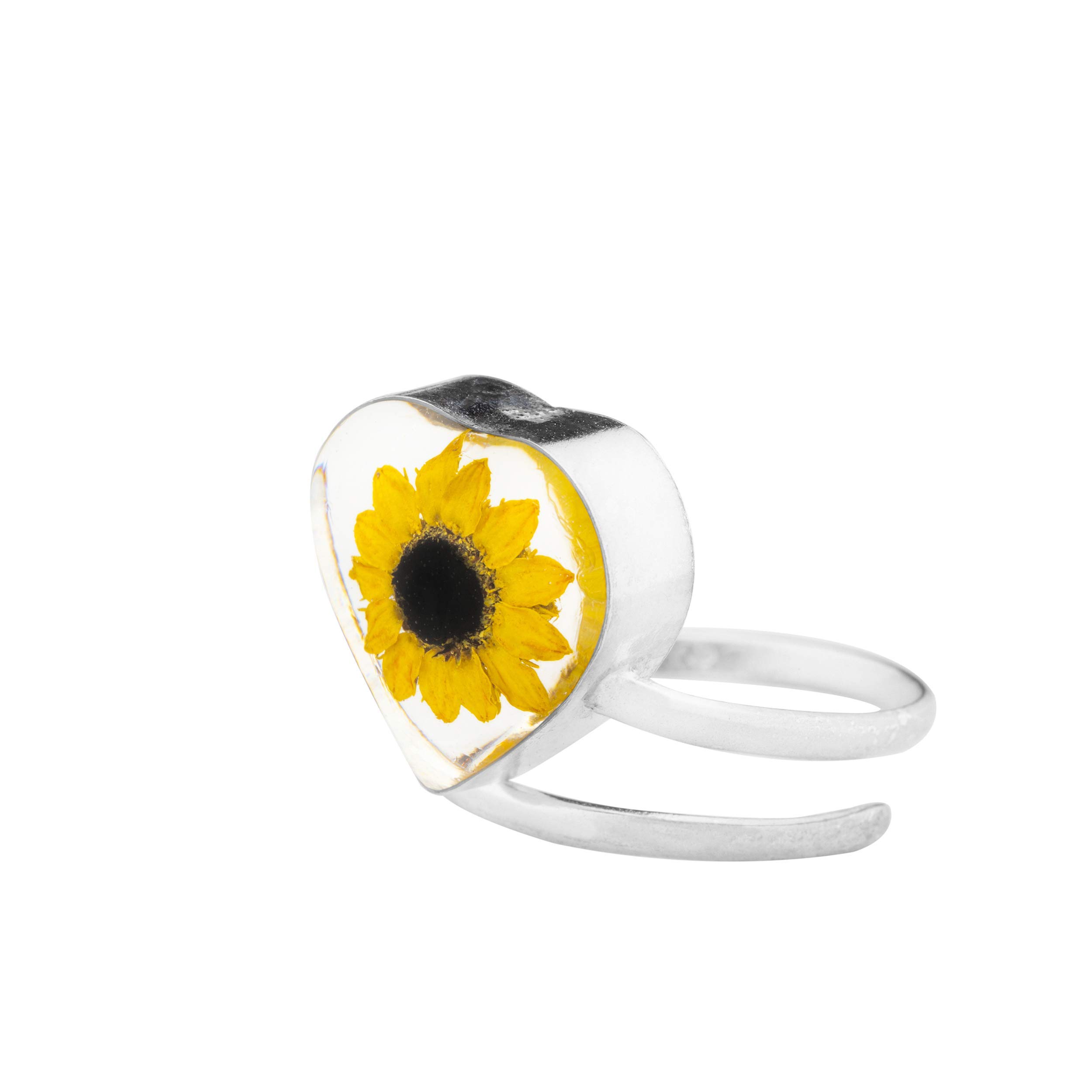 TAMI Real Sunflower Ring in Sterling Silver Adjustable Heart, Floral Jewelry