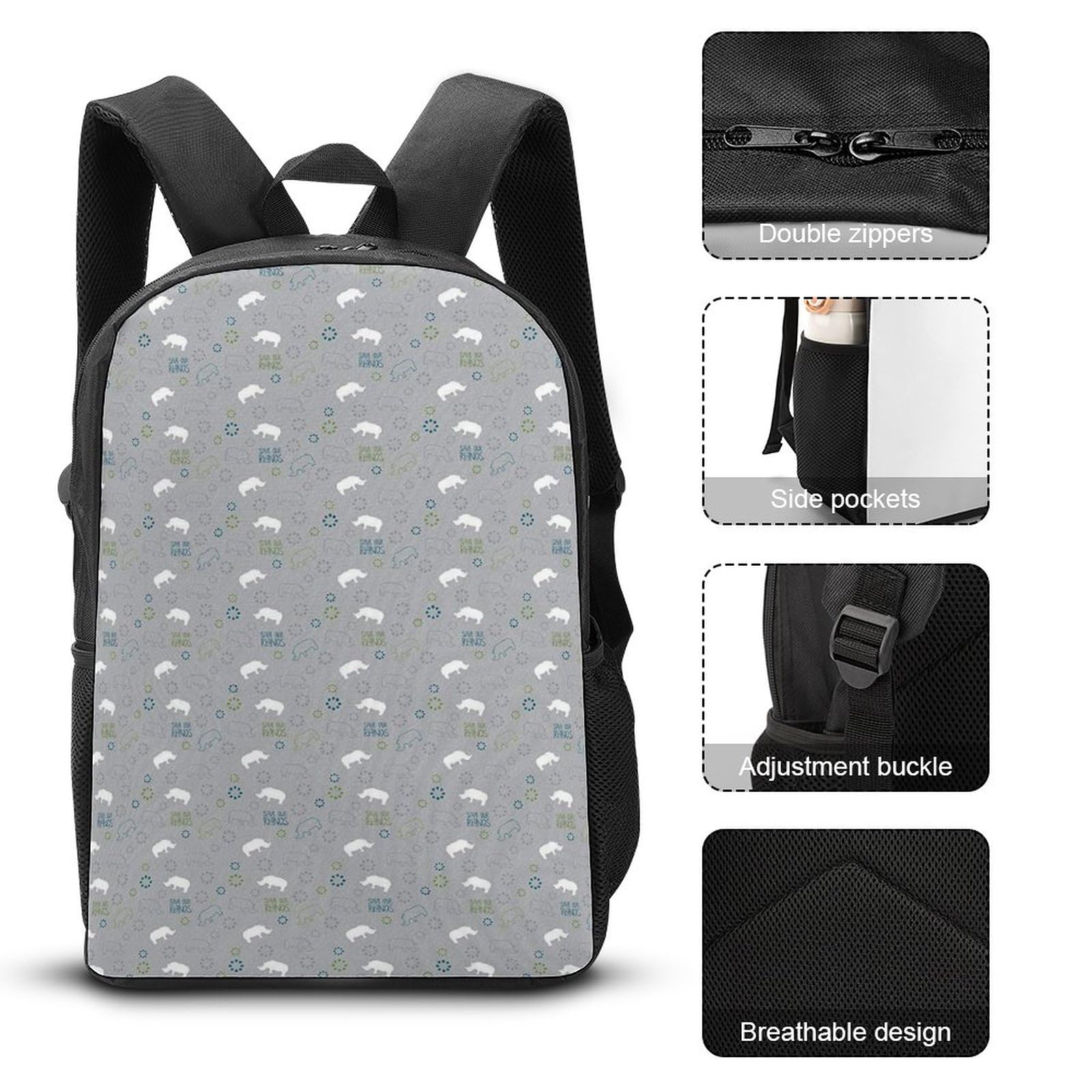 Save Our Rhinos Travel Backpack Casual 17 Inch Large Daypack Shoulder Bag with Adjustable Shoulder Straps