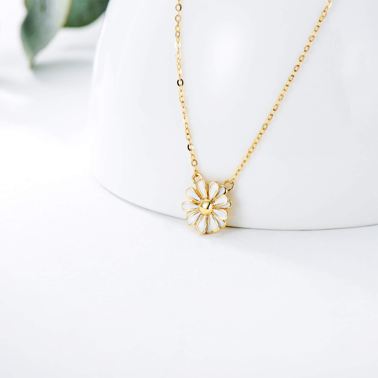 WSX 14K Daisy Necklace for Women White Daisy charm Pendant for Her Fine Jewelry Birthday Gift, 16+1+1 inches