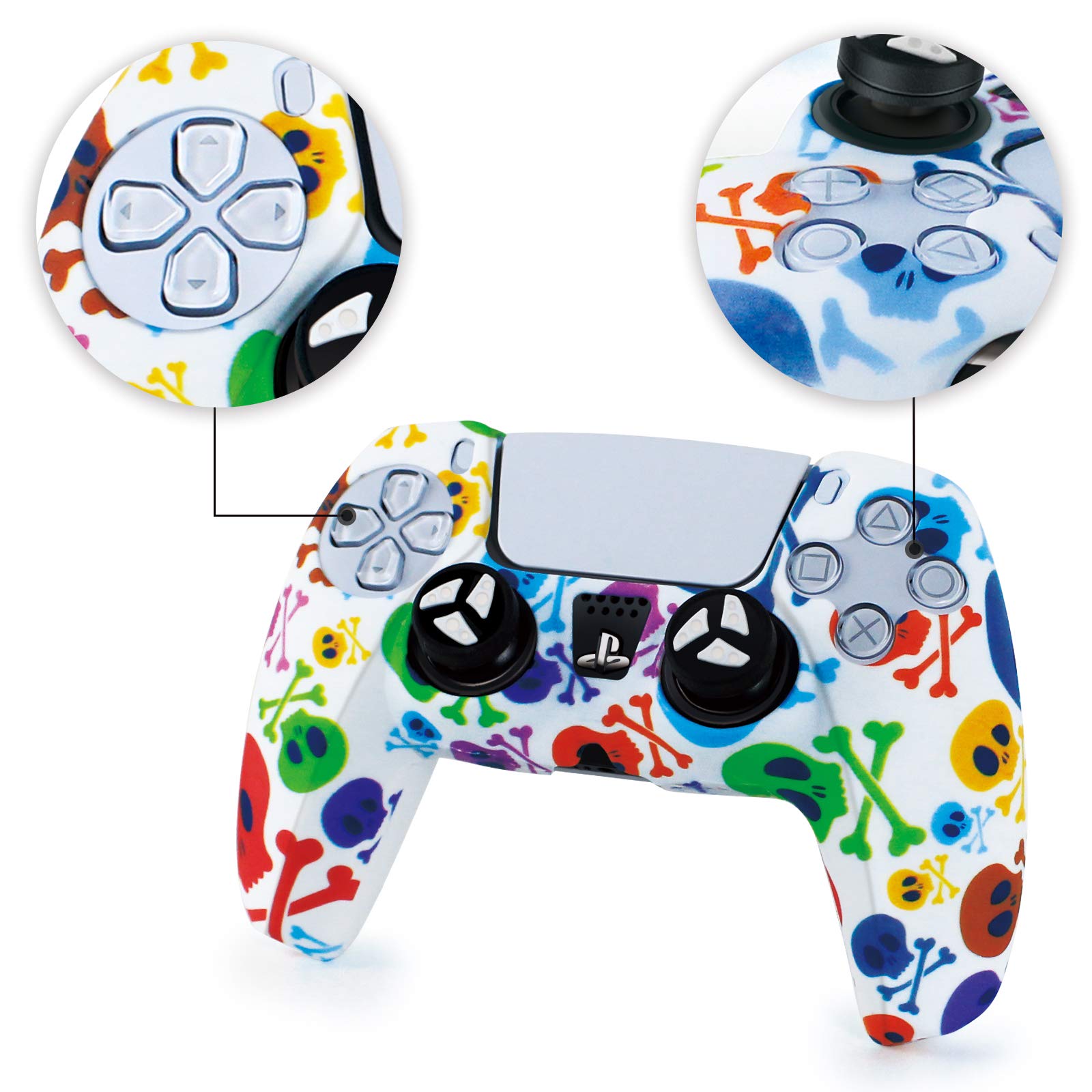 SIKEMAY Silicone Printing Cover Skin for PS5 Controller Grip, Protective Case for Playstation 5 Accessories with 10 Thumb Grip Caps(Colorful Skull)