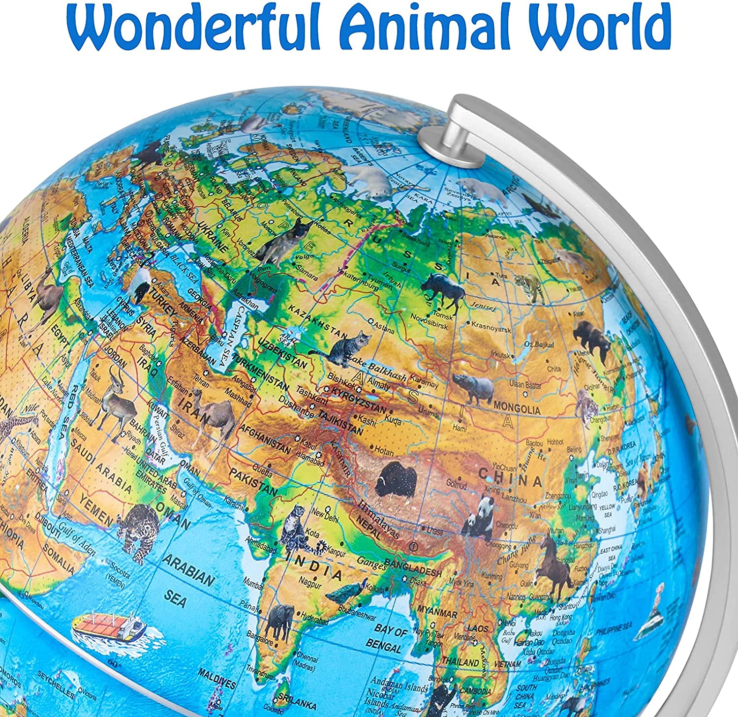 Wizdar Illuminated Globe with Stand World Globe for Kids Learning with LED Night Light 3 in 1 Interactive Globes with Animal Pattern Light up Earth Globe Decoration for Home, Desk, Classroom-8 Inch