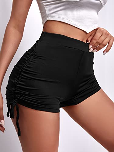 Verdusa Women's Ruched Drawstring Side High Waist Workout Yoga Skinny Shorts Black M