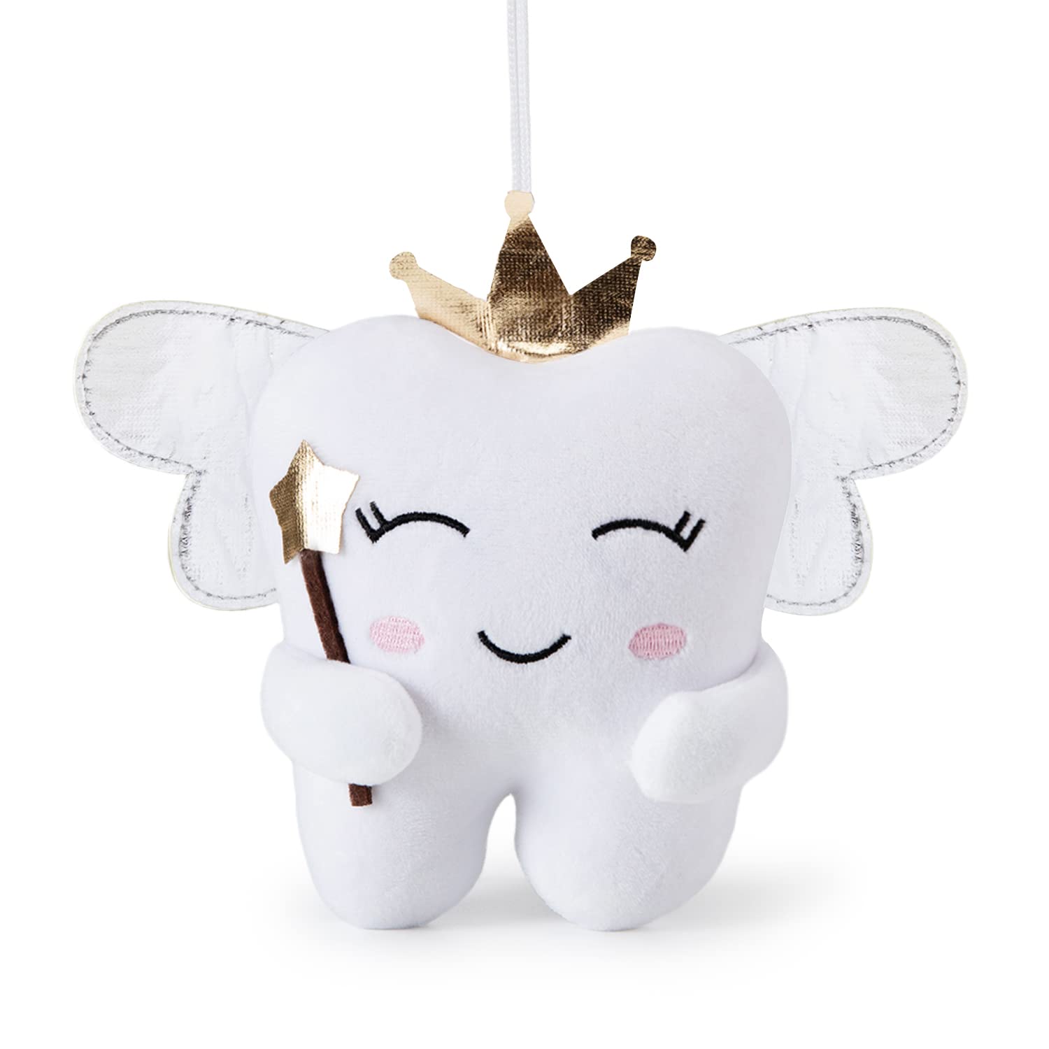Tooth Fairy Pillow with Shiny Wings Embroidered Tooth Fairy Doll with Pocket Crystal Velvet Tooth Fairy Souvenir Boy Girl Gift (White) (Second Edition)