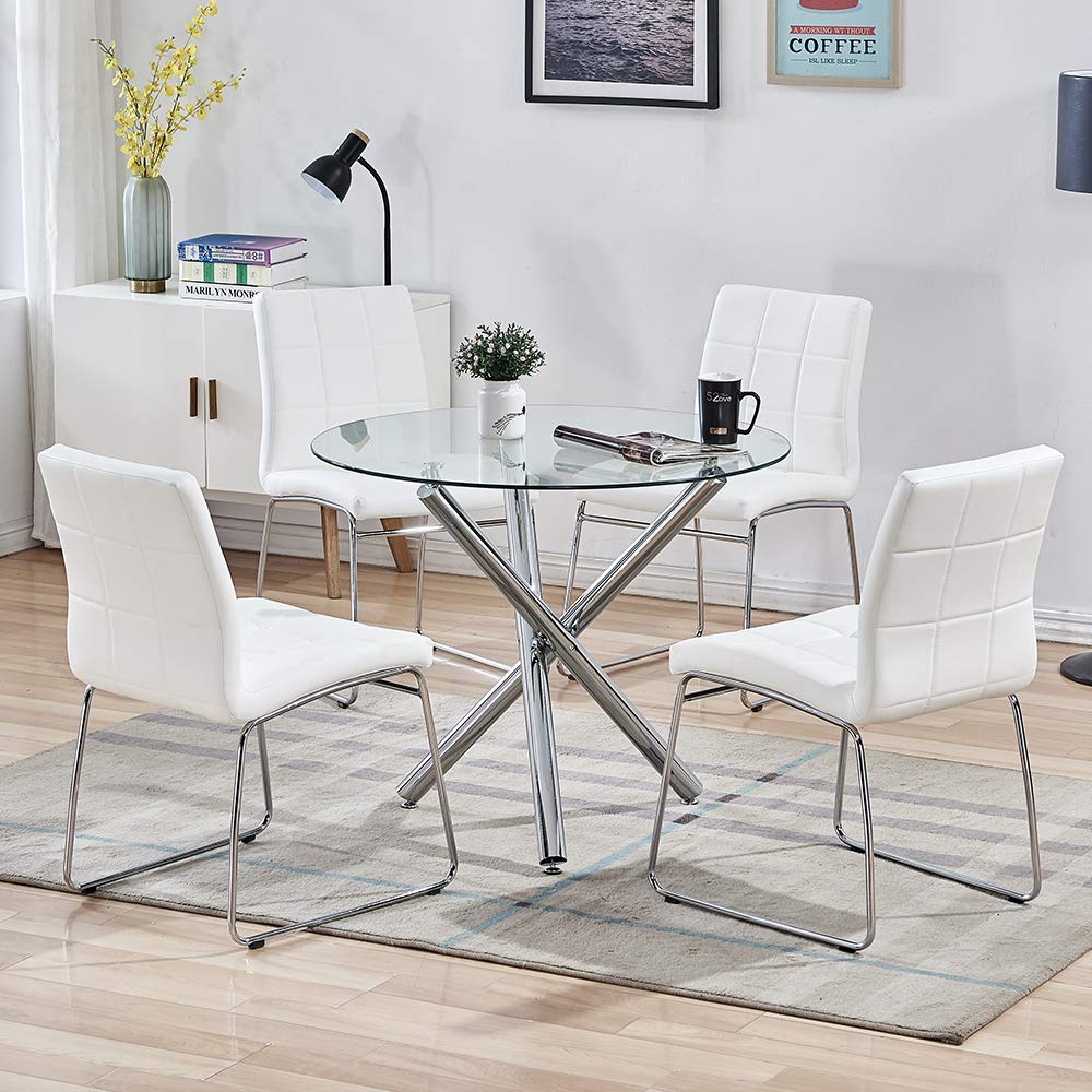 SICOTAS Glass Dining Table Round Kitchen Table with 3 Silver Chrome Legs,Modern Circle Dining Room Tables for 2 or 4,Small Compact Dinner Table for Apartment or Small Spaces,35.4D x 29.5H,Clear