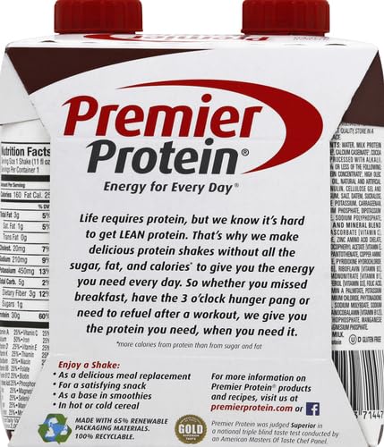 Premier Protein Shake, Chocolate, 30g Protein, 1g Sugar, 24 Vitamins & Minerals, Nutrients to Support Immune Health, 4 Count, 44 Fl Oz