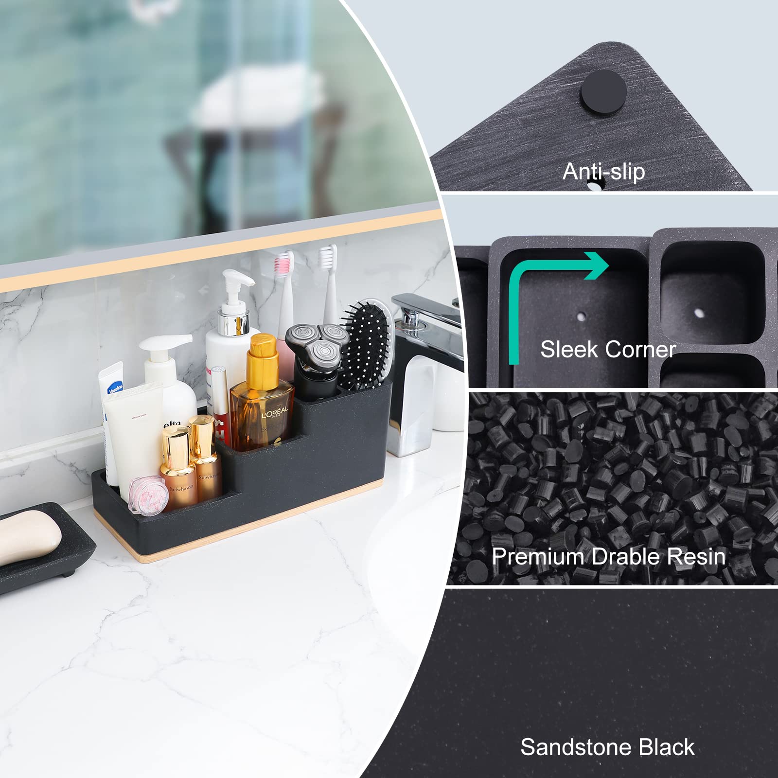 Toothbrush Holder for Bathroom, Aimou Bathroom Organizer Countertop Bathroom Accessories with 5 Compartment Storage for Bathroom/Vanity, Cotton Ball, Cotton Swab, Floss, Black