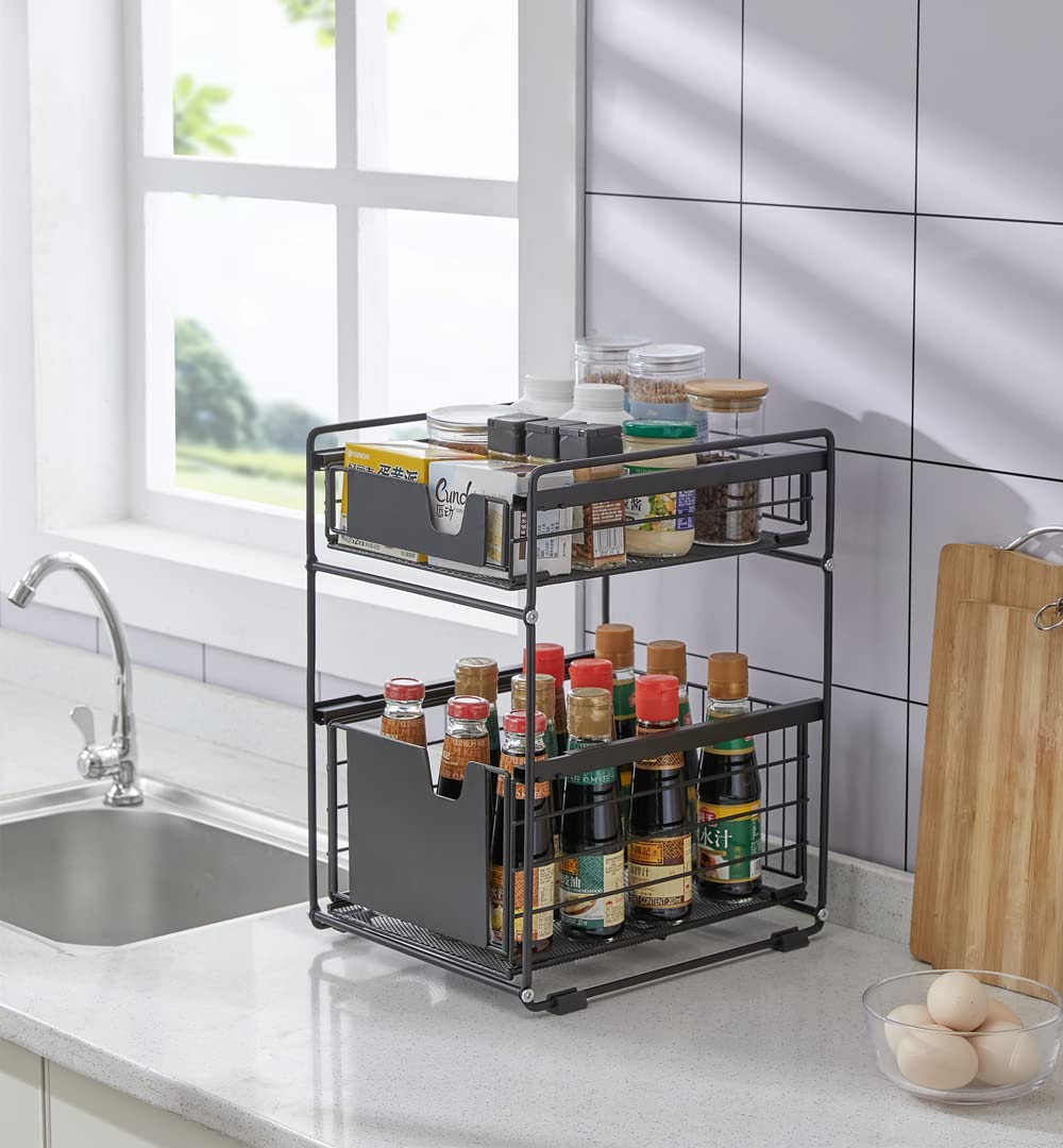 TidyEasy Under Sink Organizer 2-Tier,L-Shaped Cabinet Storage shelf with Sliding Drawer,Pull Out Home Organizers for Kitchen Bathroom (Large, Black)